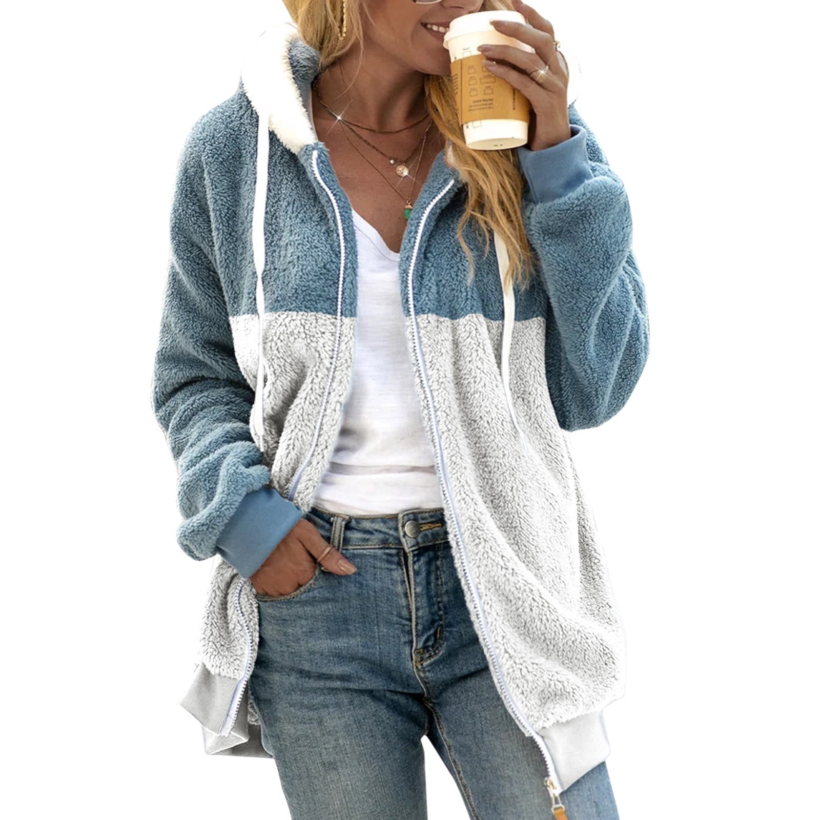 Sngxgn Womens Fuzzy Jacket Hooded Cardigan Coats Outwear with Pockets ...