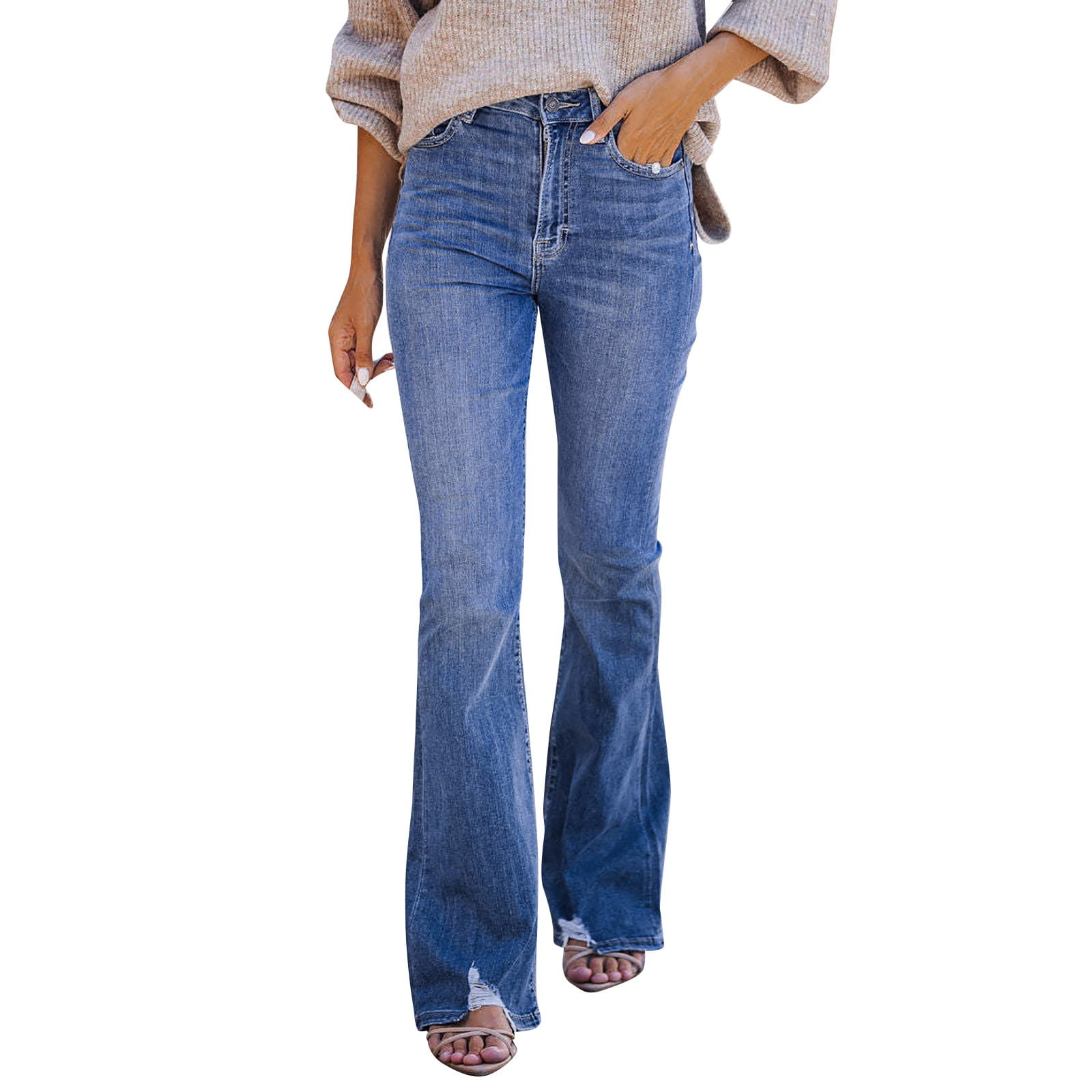 Sngxgn Womens Mid Waist Bell Bottom Stretchy Flare Jeans Pants(Blue,S ...