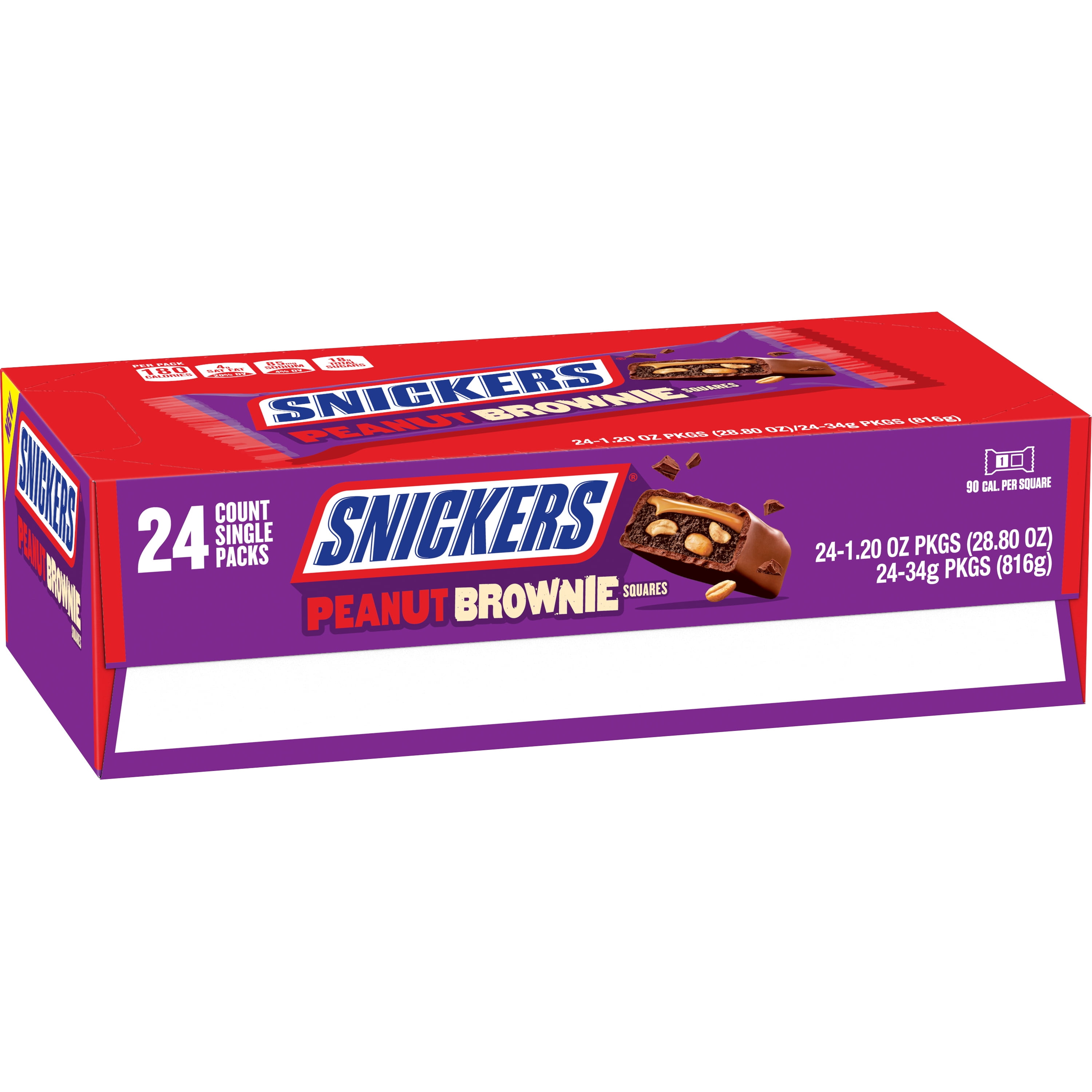 Snickers Peanut Brownie Squares Chocolate Candy Bars, 2.4 oz 24 carton ...