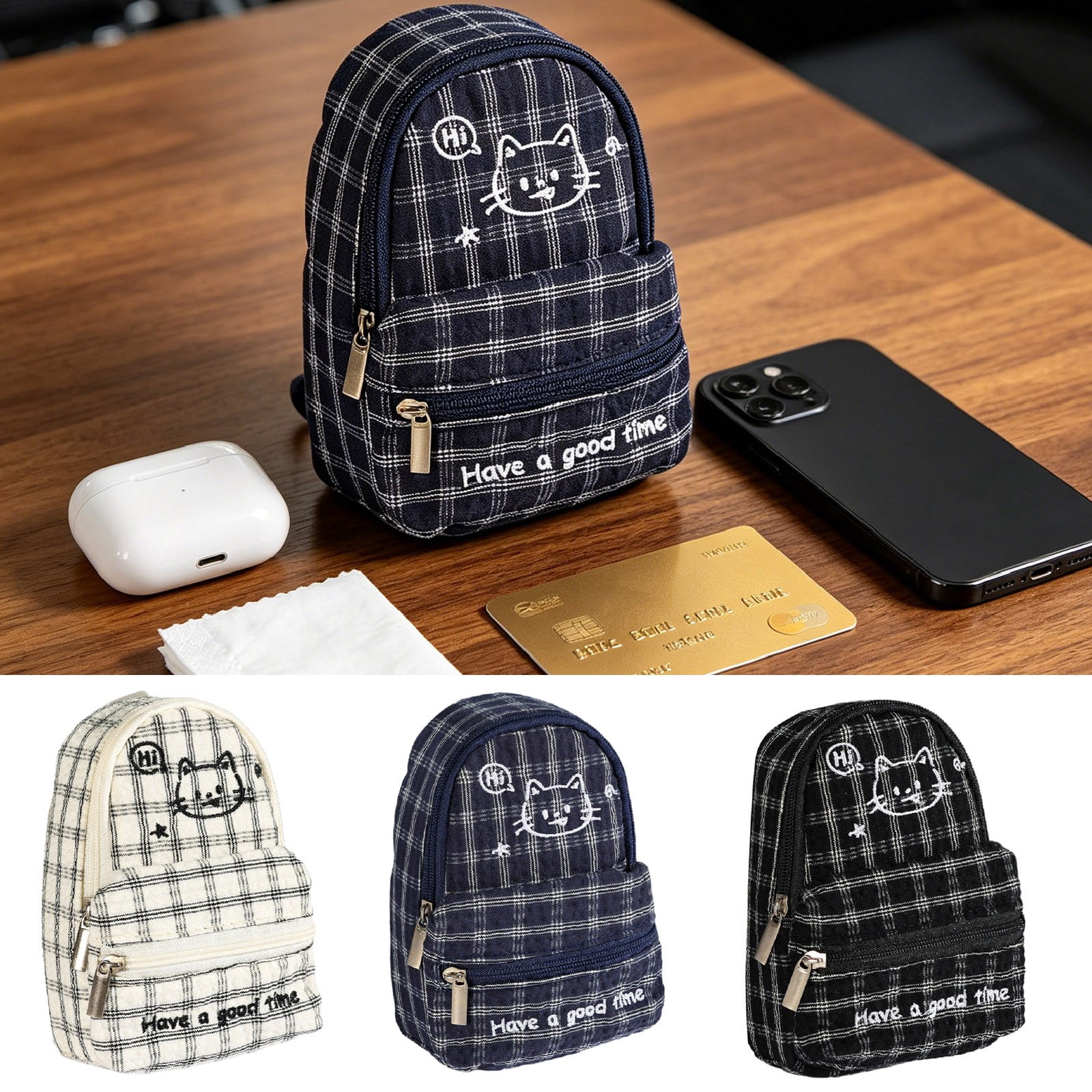 Snmubt Black Plaid Cat Coin Purse, Mini Wallet with Keychain, Portable ...