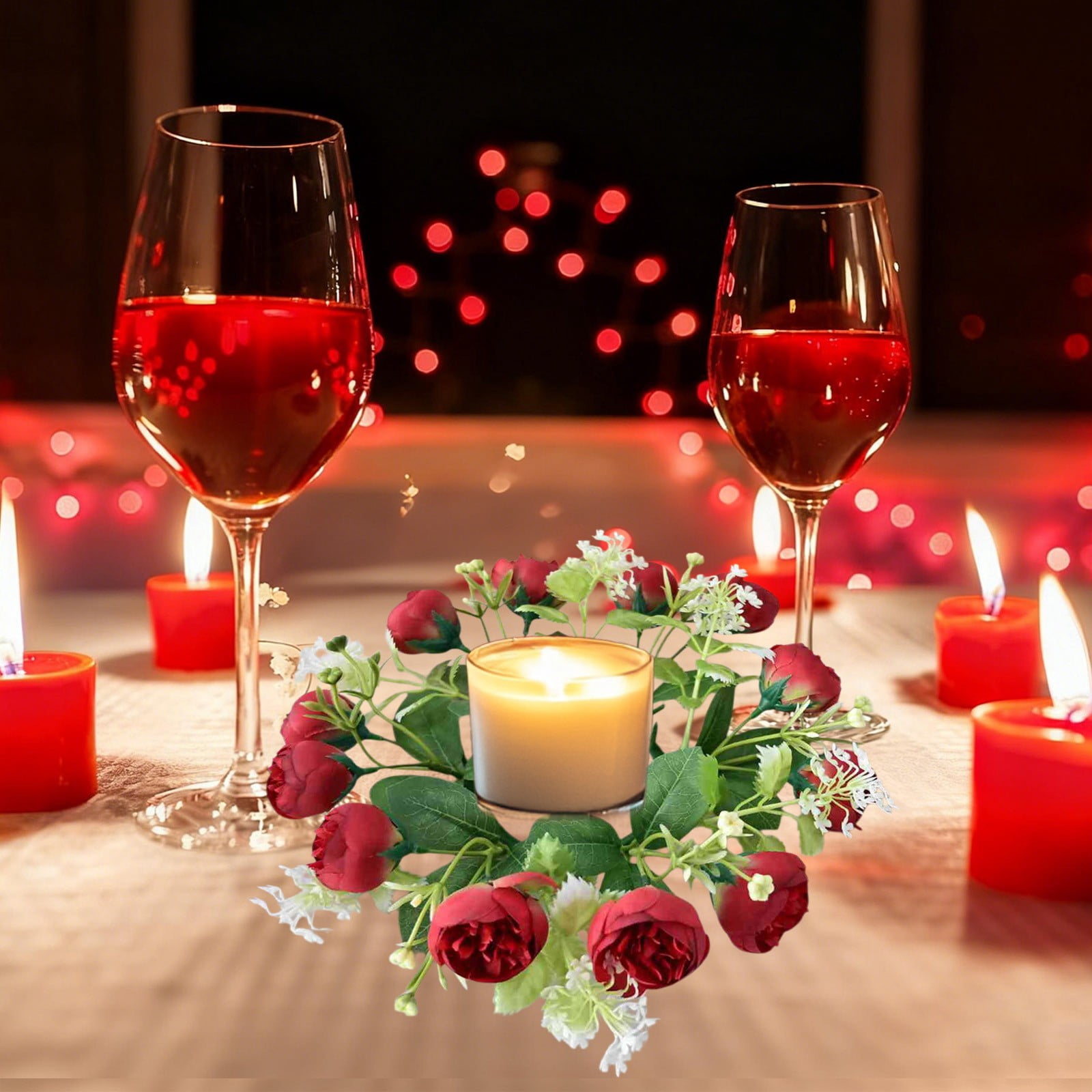 Snmubt Rose Candle Rings, 9.8in Red Artificial Tea Rose Flower Wreath ...