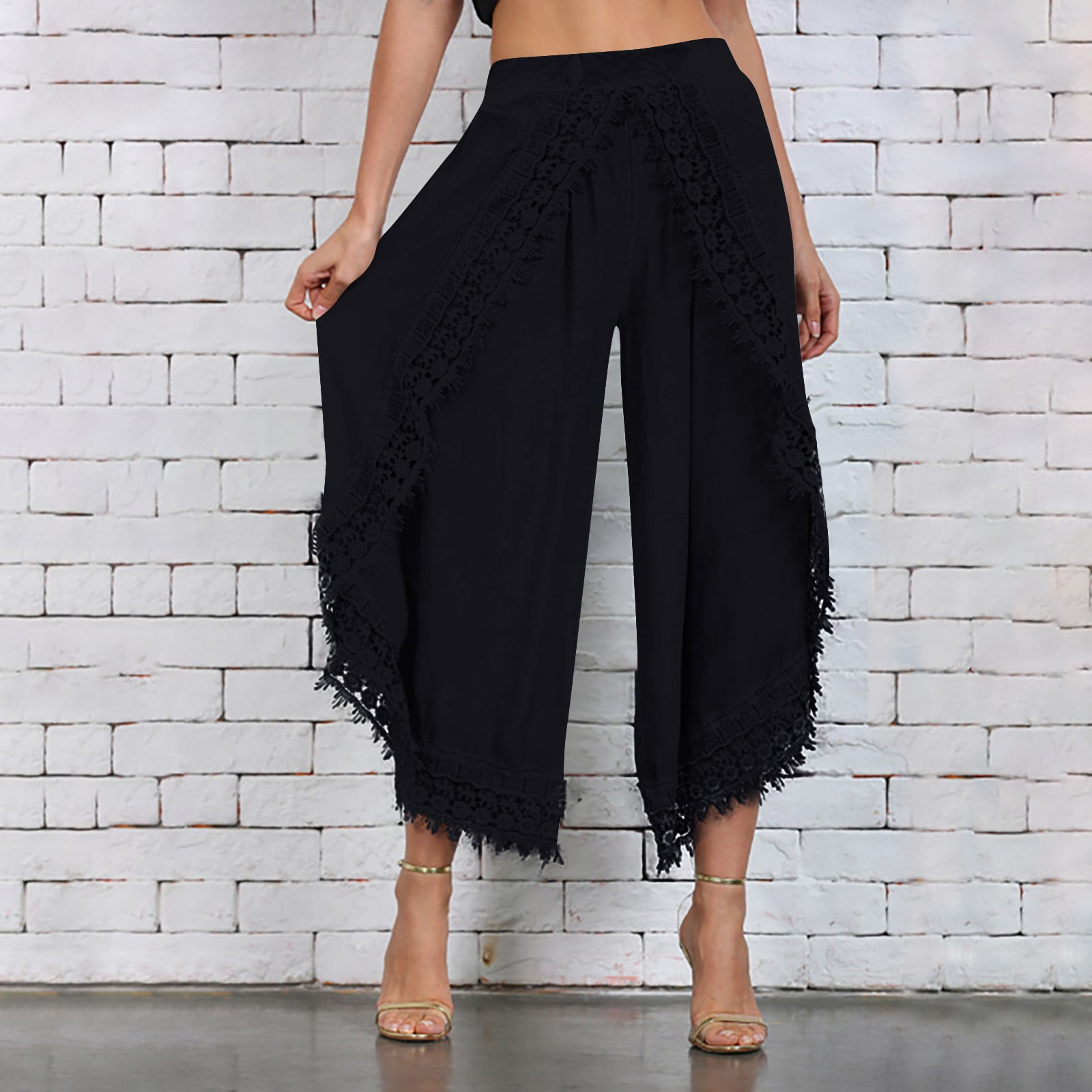 SnnmBlm Palazzo Pants for Women Sexy Casual Lace Trim Harem Pants Baggy ...