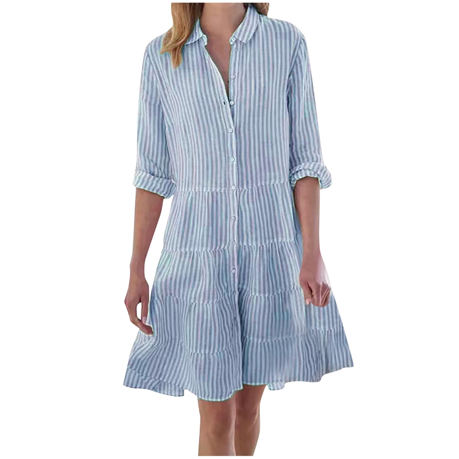 SnnmBlm Women Striped Shirt Dress Roll Up Sleeve Button Down Long ...
