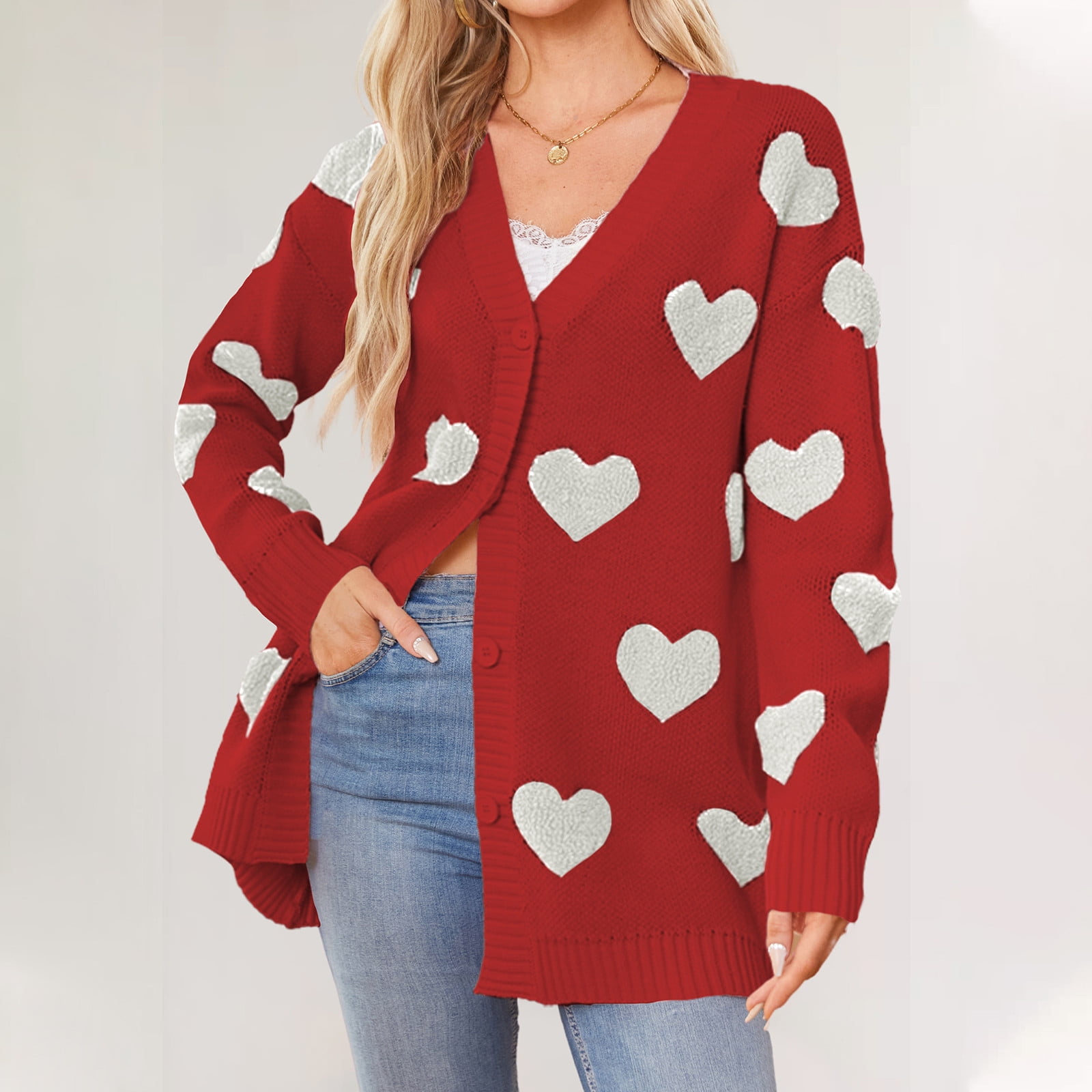 SnnmBlm Women's Heart Print Knitted Long Cardigan Sweater V Neck Open Front Sweater Outerwears ...