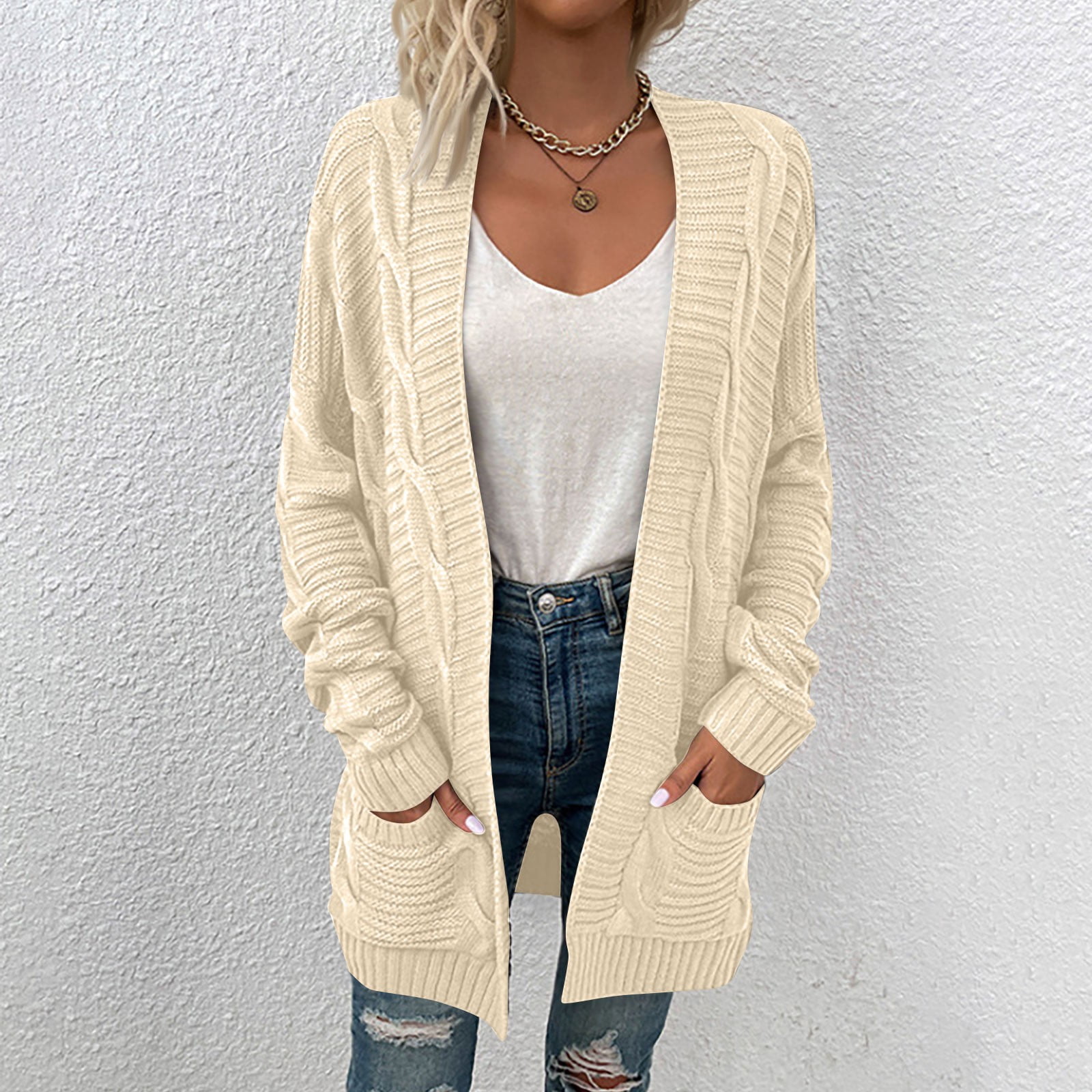 SnnmBlm Women's Open Front Long Sleeve Boho Knit Chunky Cardigan ...