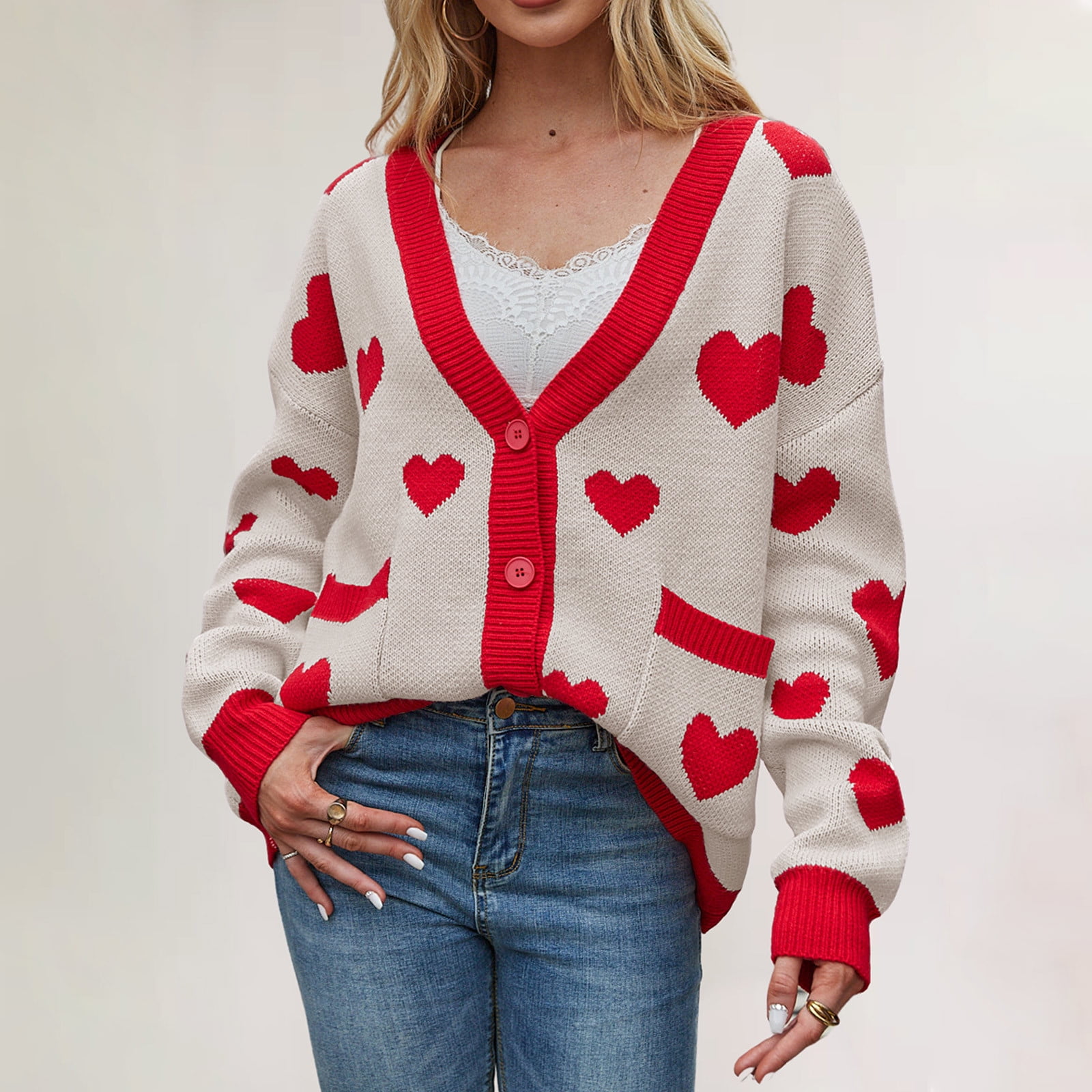 SnnmBlm Women's Red/Ivory Soft Heart Cropped Knit Cardigan Beige M ...