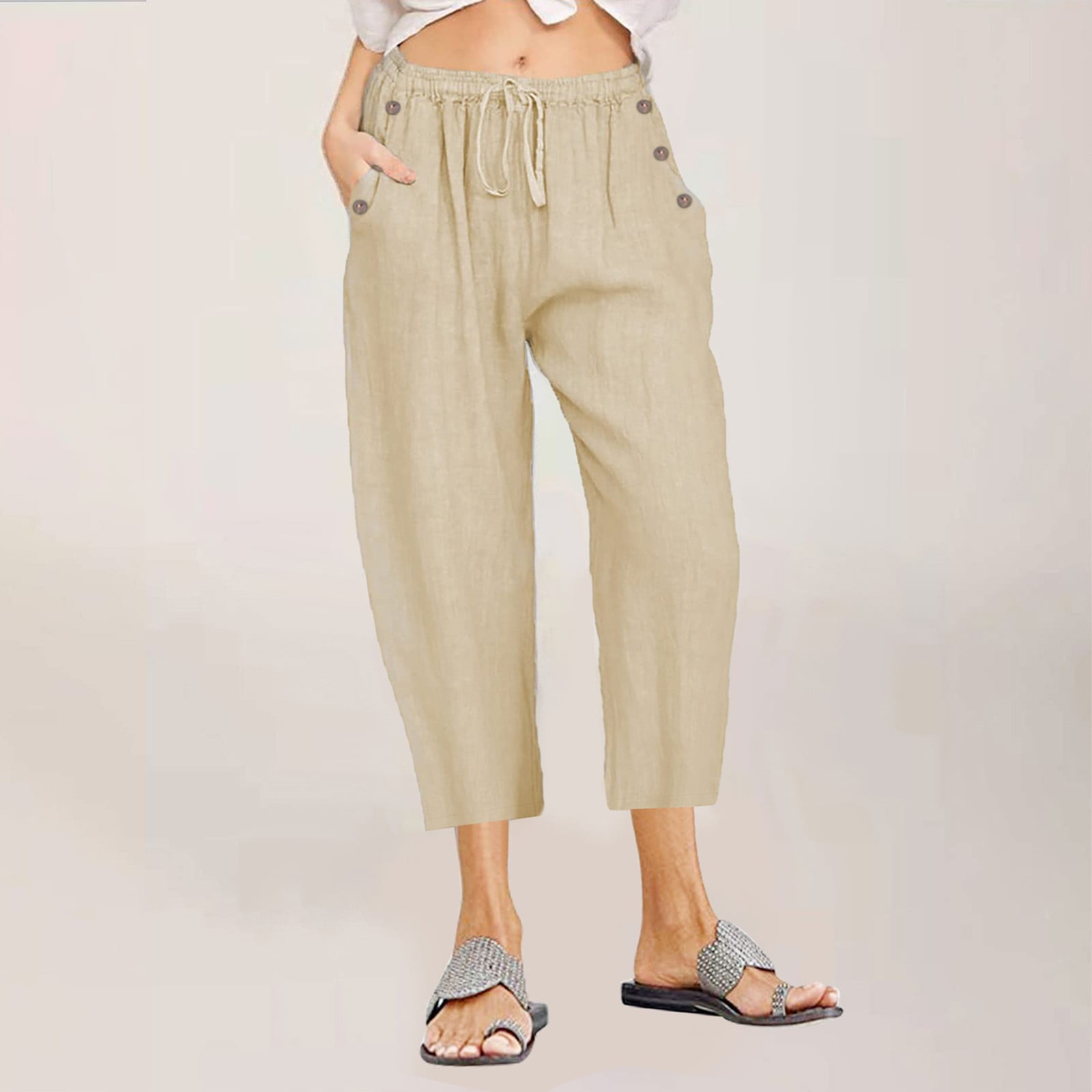 SnnmBlm Womens Capri Pants Length 2024 Summer Linen Drawstring Elastic ...
