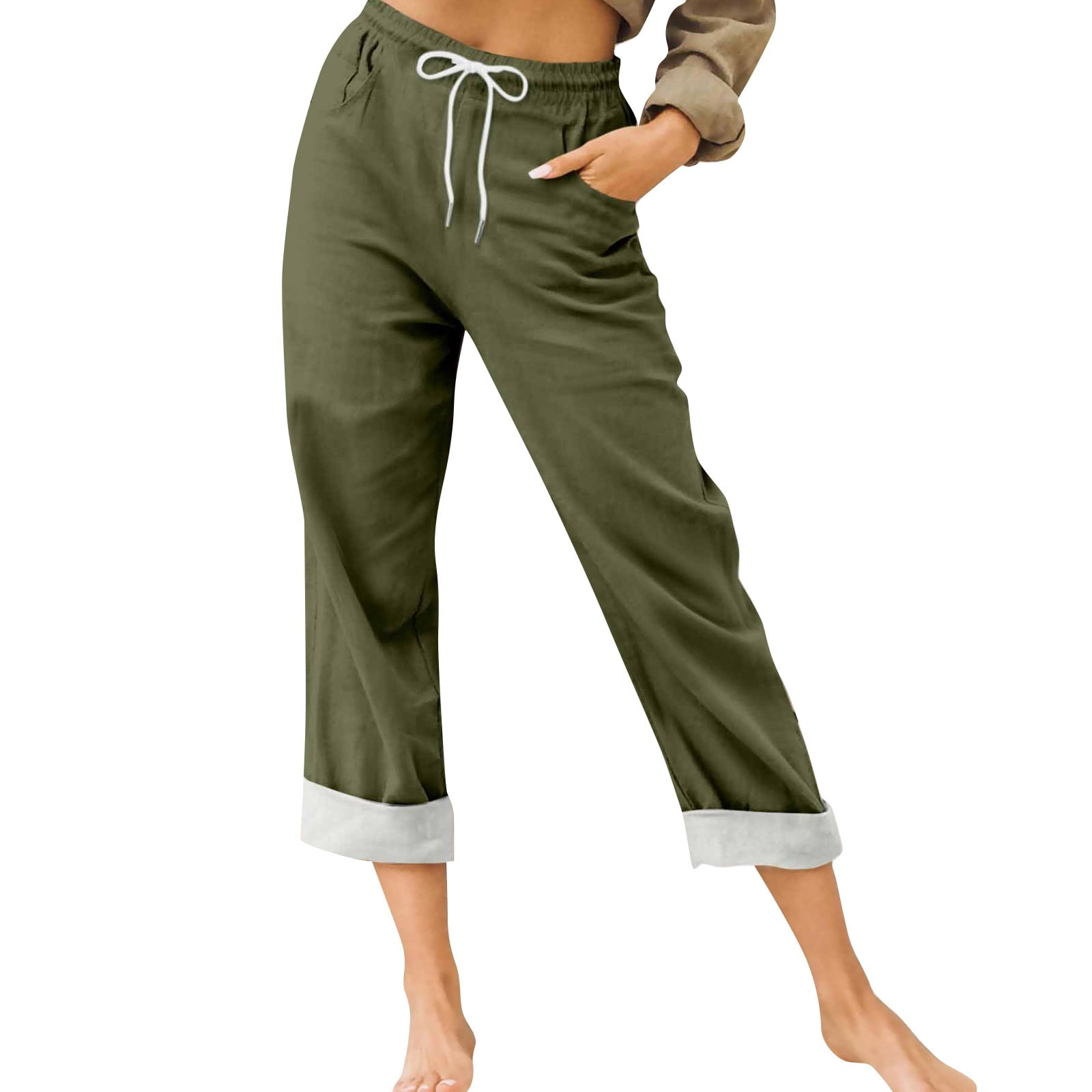 SnnmBlm Womens Roll Up Capri Pants Cotton Linen High Waisted Drawstring ...