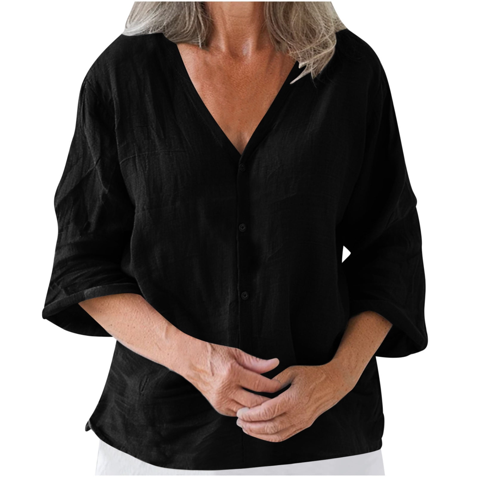 Snoarin Women Shirts Loose Casual Solid Color 3/4 Sleeve Long Sleeved V ...