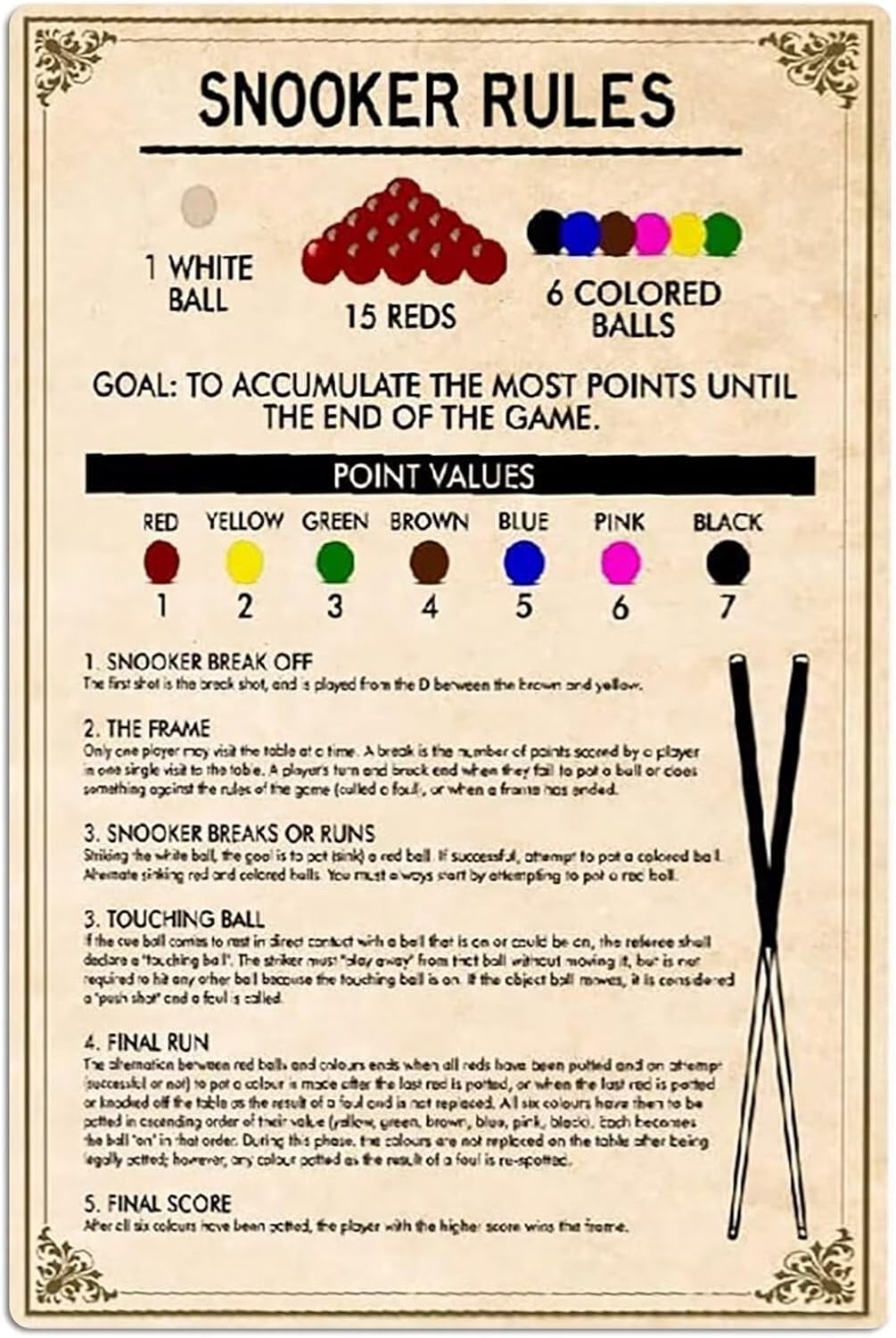 Snooker Knowledge Metal Tin Signs Snooker Rules Retro Posters Billiard ...