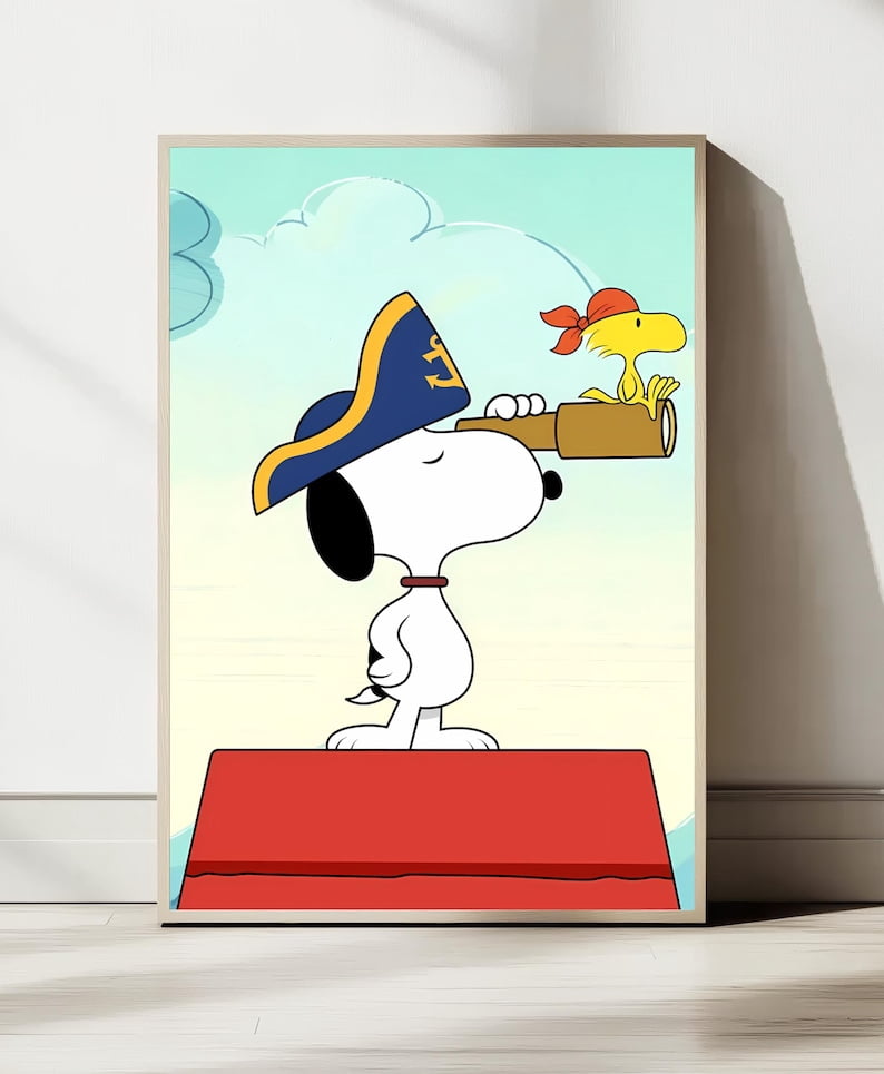 Snoopy Pirate Ship Poster – Cartoon Dog Captain with Telescope Cute ...