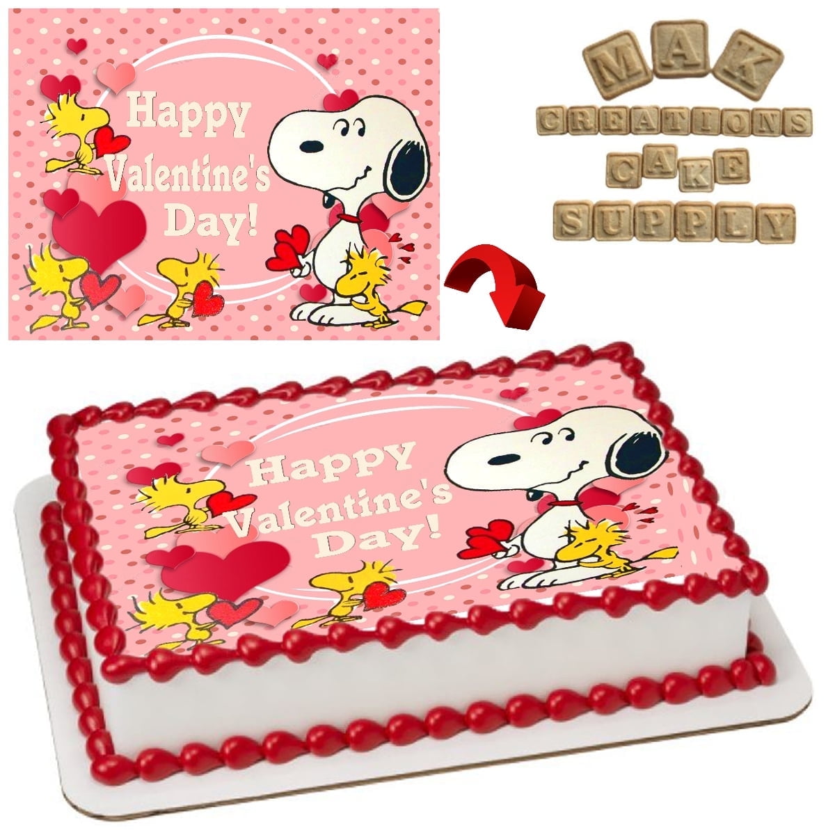 Snoopy Valentine's Day 1 Count 1/4 Sheet Cake Topper by MAK Creations Cake Supply - Walmart.com