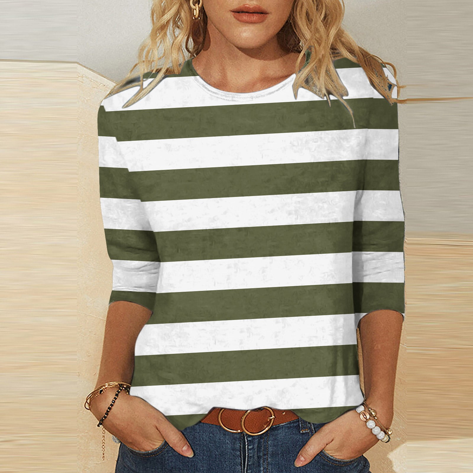Snorda 3/4 Length Sleeve Womens Tops Crew Neck Striped Blouses for ...
