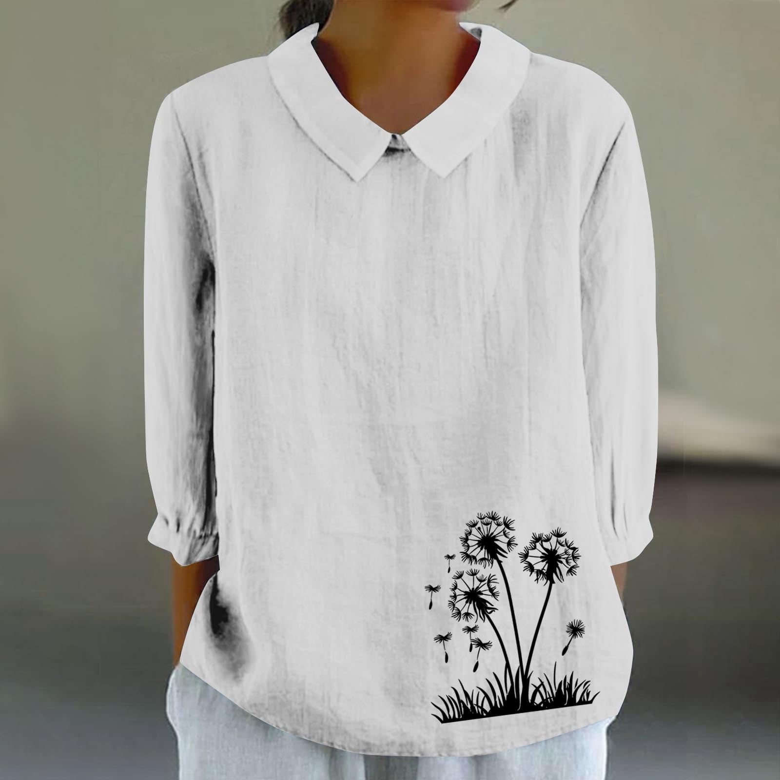Snorda 3/4 Sleeve T Shirts for Women Floral Print Loose Casual Lapel ...