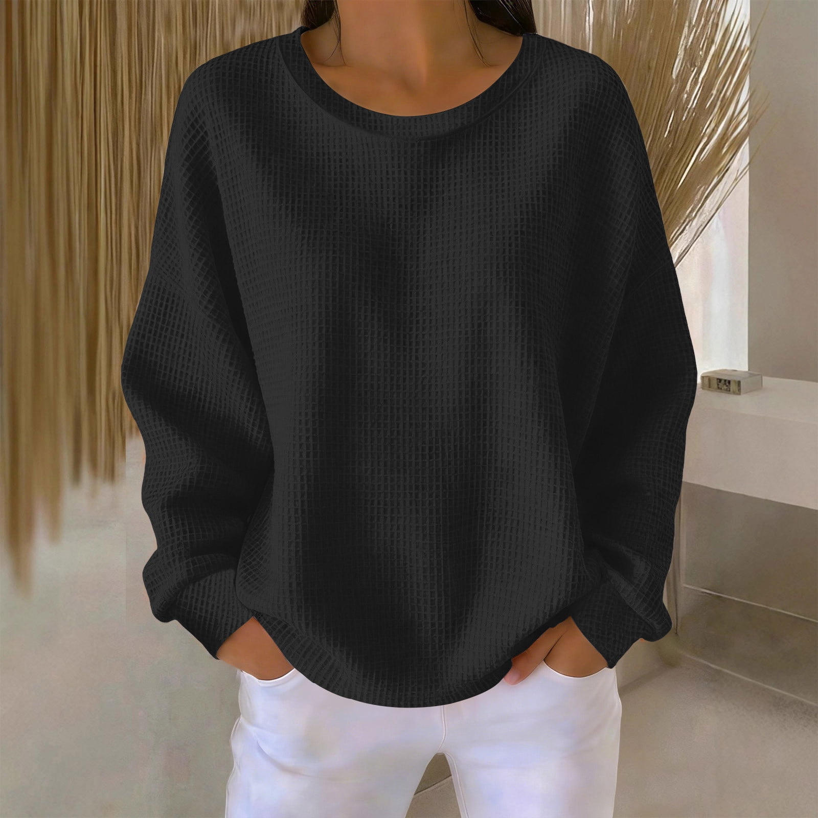 Snorda Long Sleeve Shirts for Women Waffle Knit Crew Neck Top Casual ...