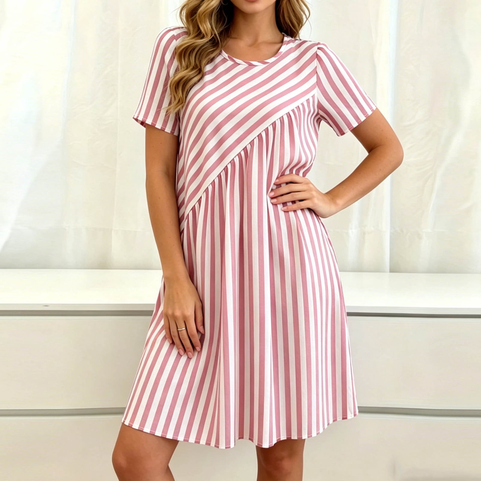 Snorda Summer Dress for Women Striped Dress Crew Neck Short Sleeve ...