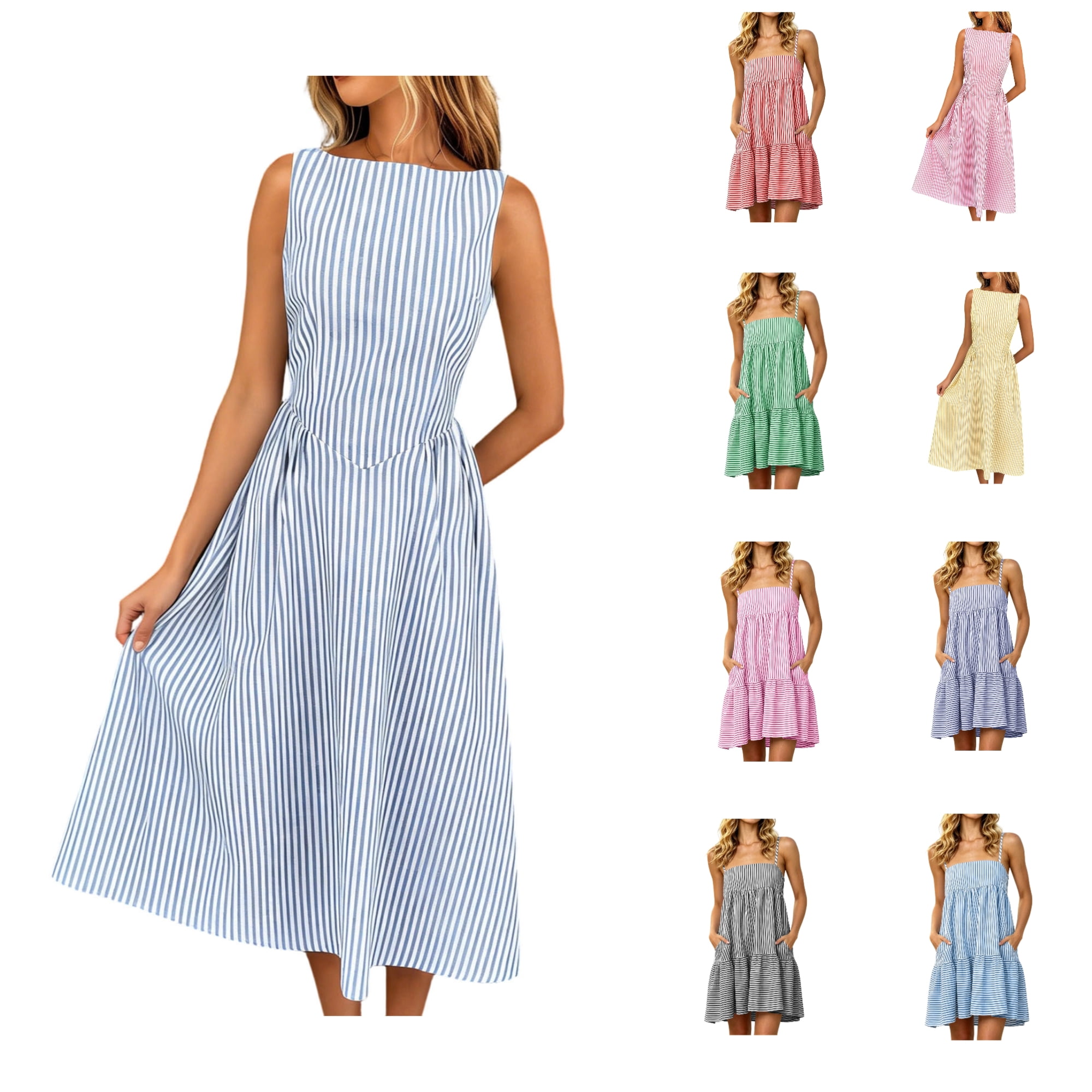 Snorda Women's Striped Dress Summer Round Neck Sleeveless Striped Solid ...