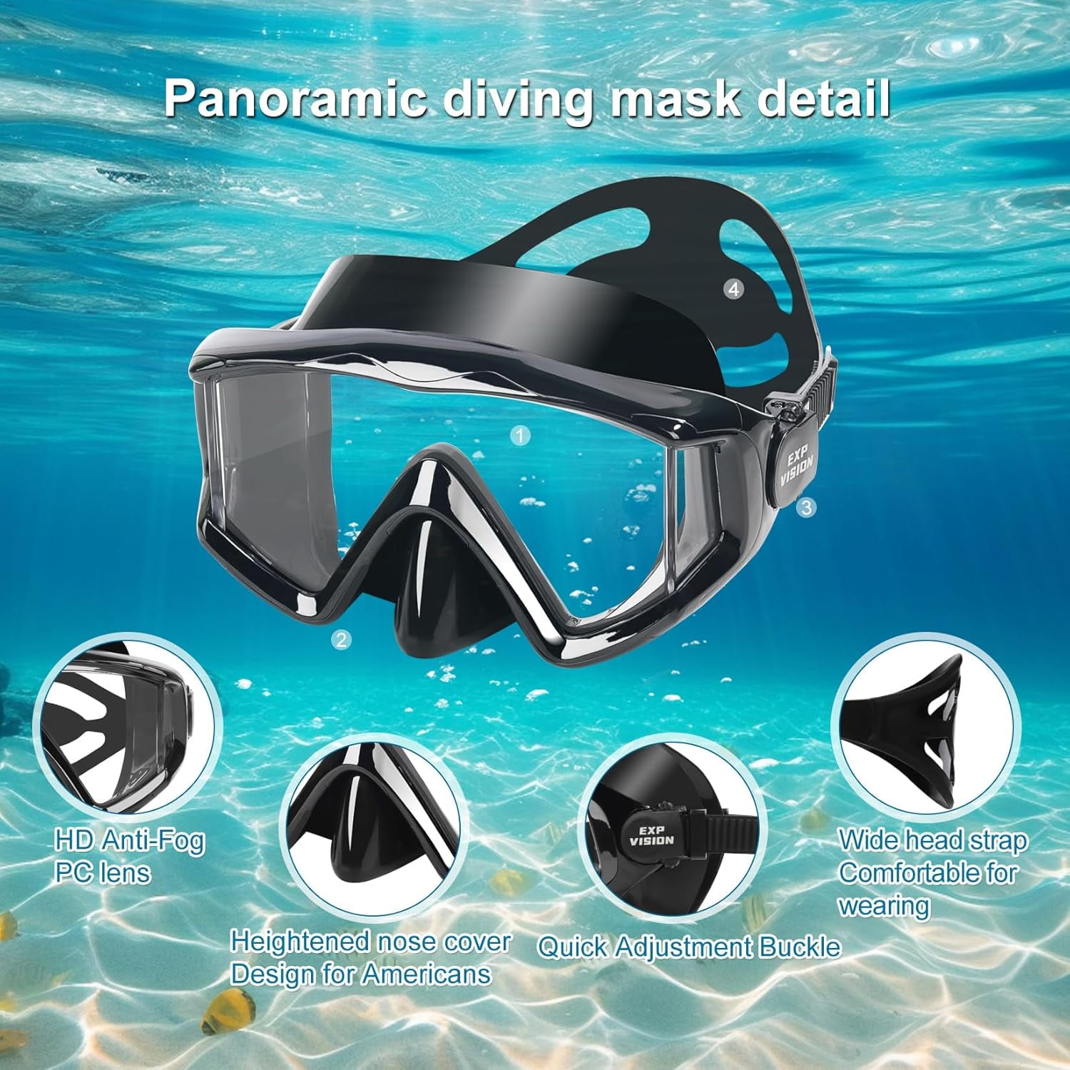 Snorkel Set Pano 3 Window Adult Snorkeling Gear, Professional Snorkel ...