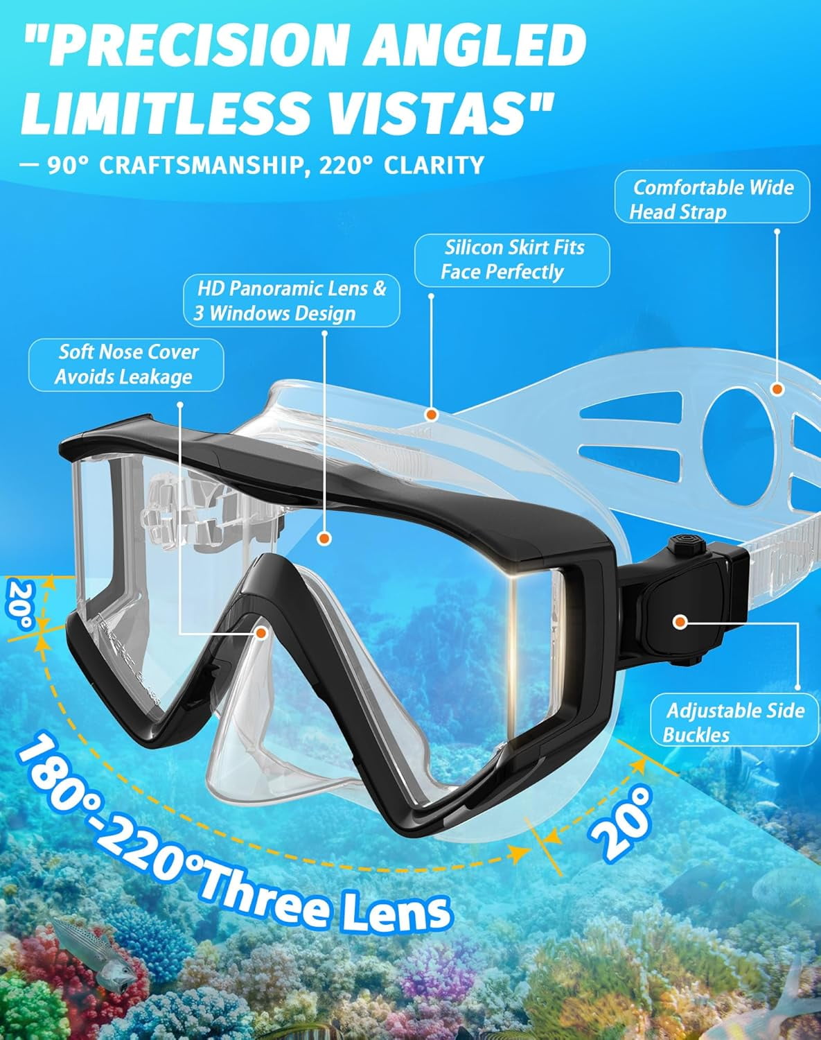 Snorkel Set Pano 3 Window Snorkel Mask Adult, Panoramic Wide View Anti ...