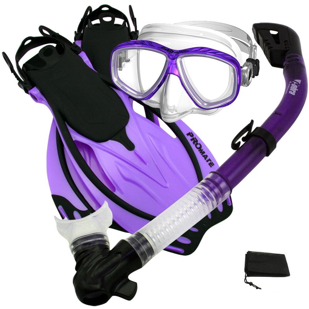 Snorkeling Scuba Dive DRY Snorkel Purge Mask Diving Fins Gear Set ...