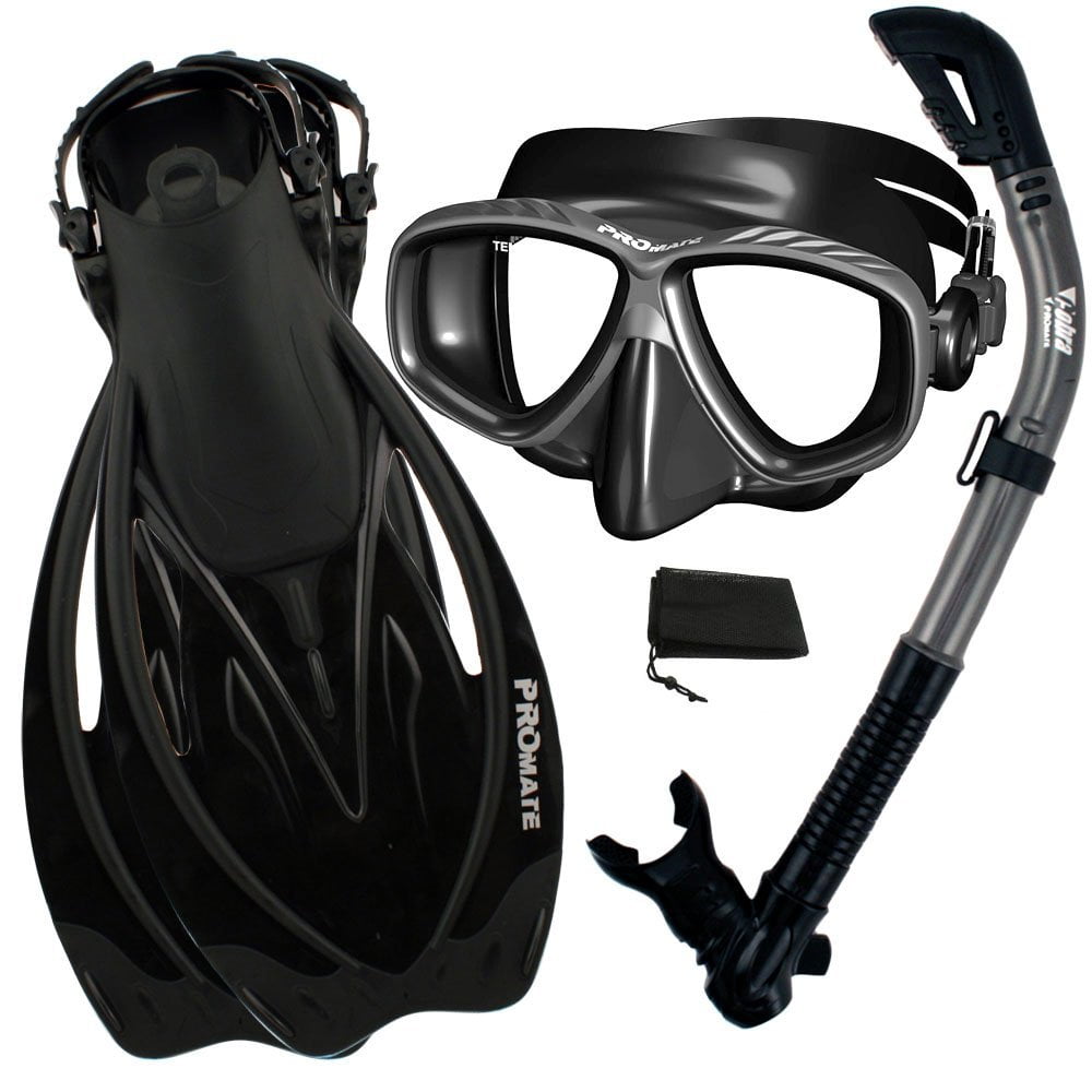 Snorkeling Scuba Dive DRY Snorkel Purge Mask Diving Fins Gear Set, TiBk ...