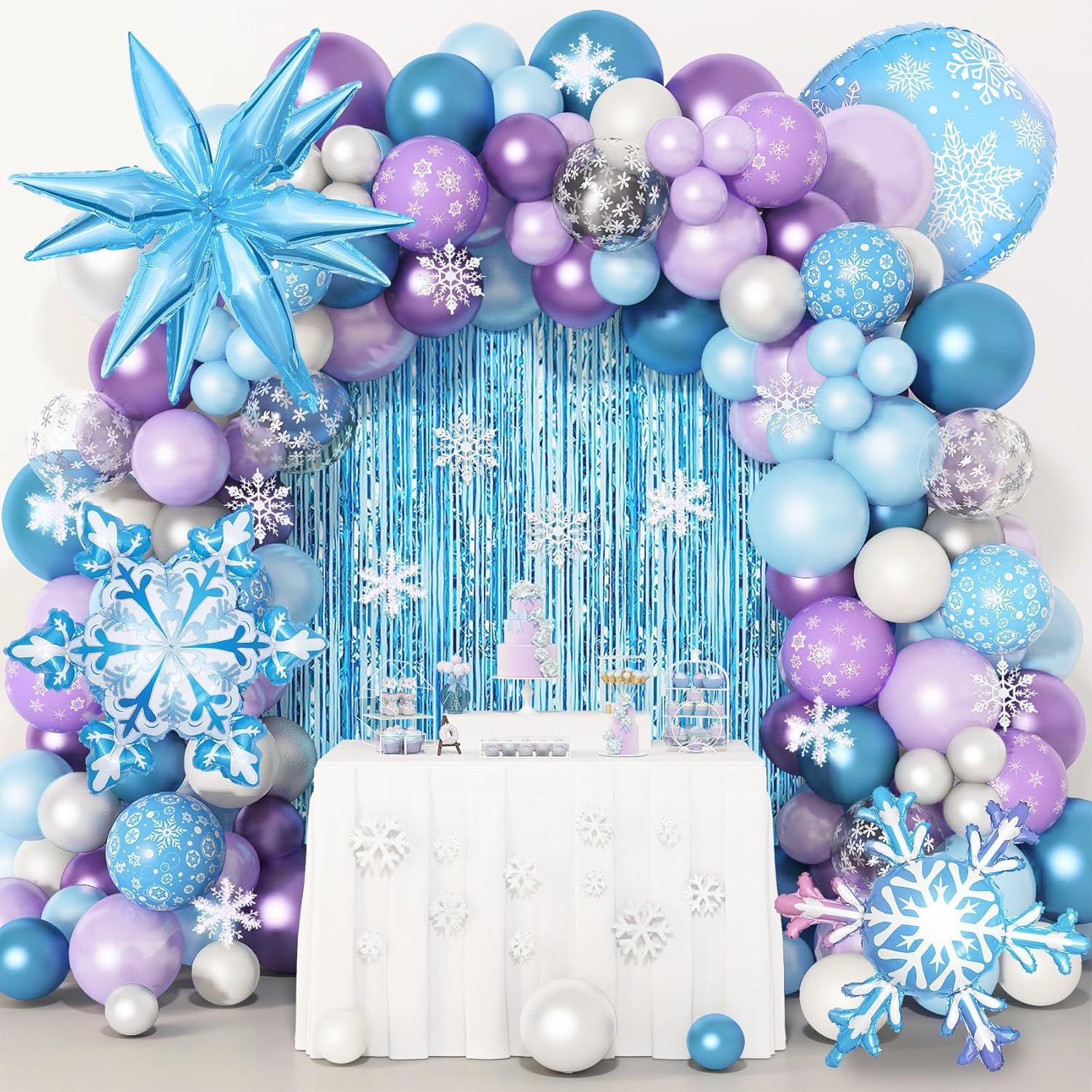 Snow Birthday Party Supplies, Balloon Garland Arch Kit Fringe Curtain ...