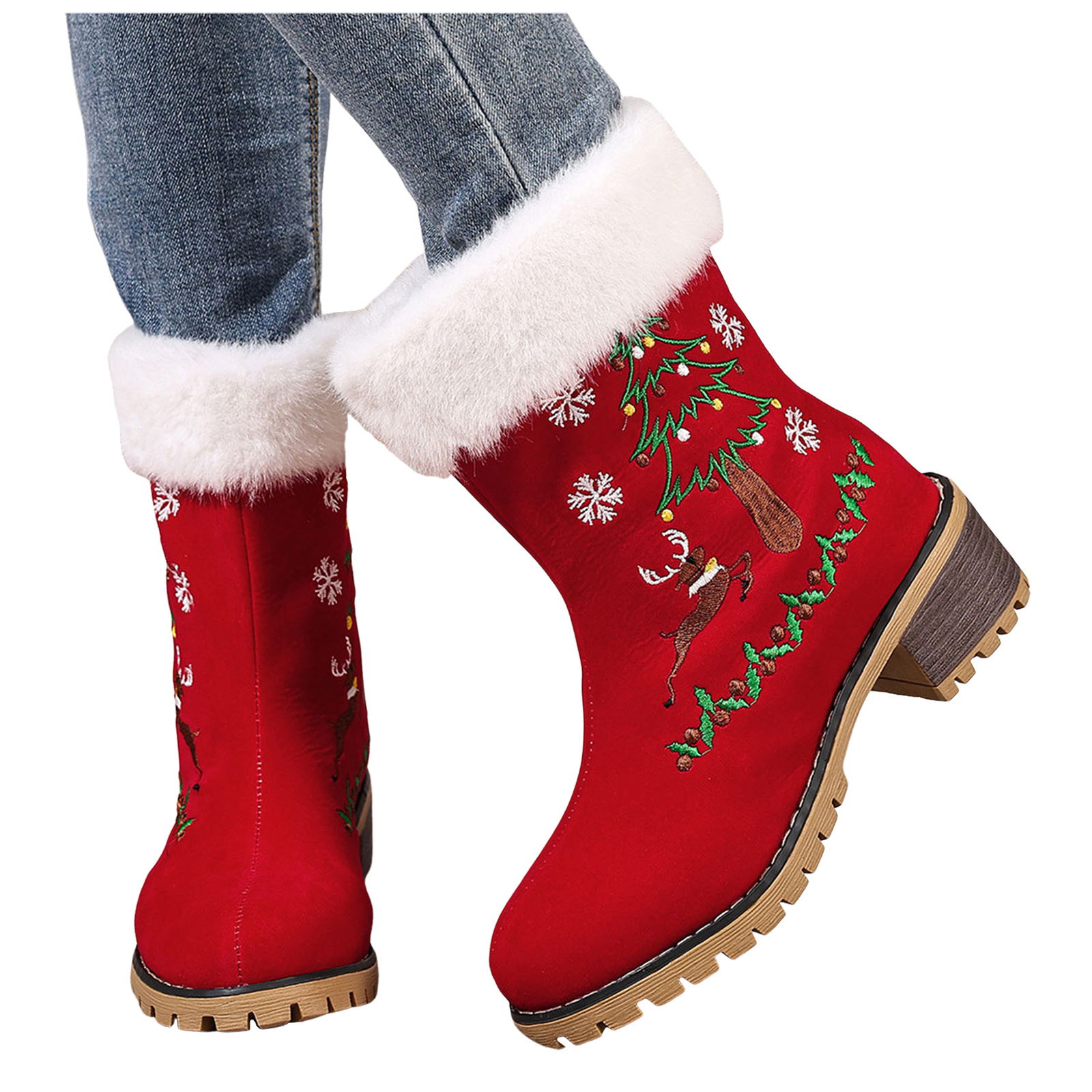 Snow Boots for Women Cute Christmas Tree Reindeer Embroidery Holiday ...