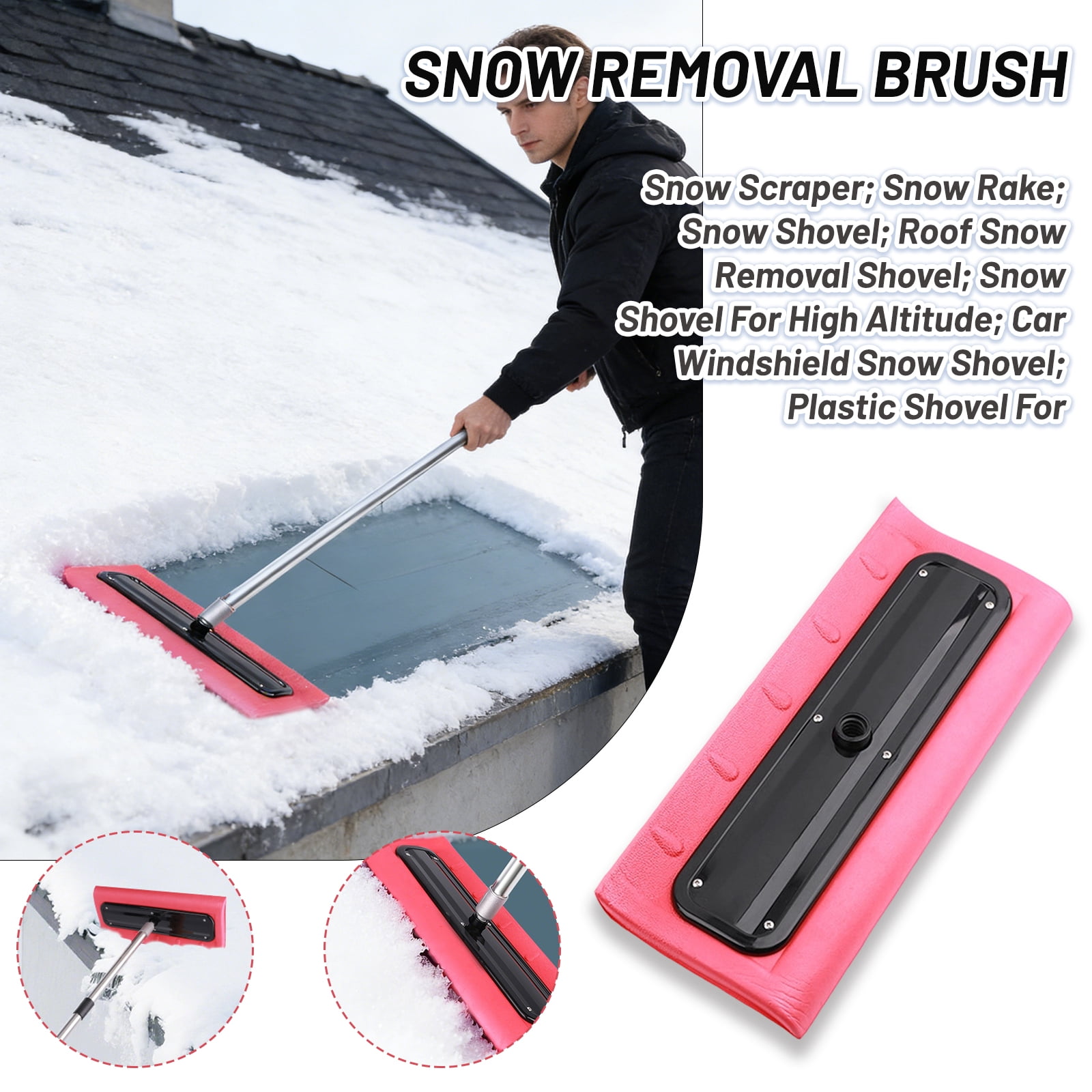 Snow Broom with Long Extendable Handle, 15.7" Wide Foam Head Roof Snow ...