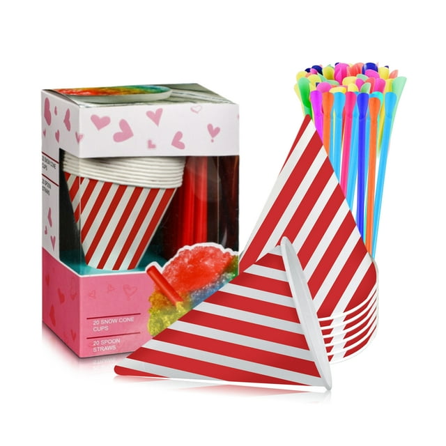 6oz Shaved Ice Snow Cone Cups and Neon Plastic Spoon Straws (Pack of 40 ...
