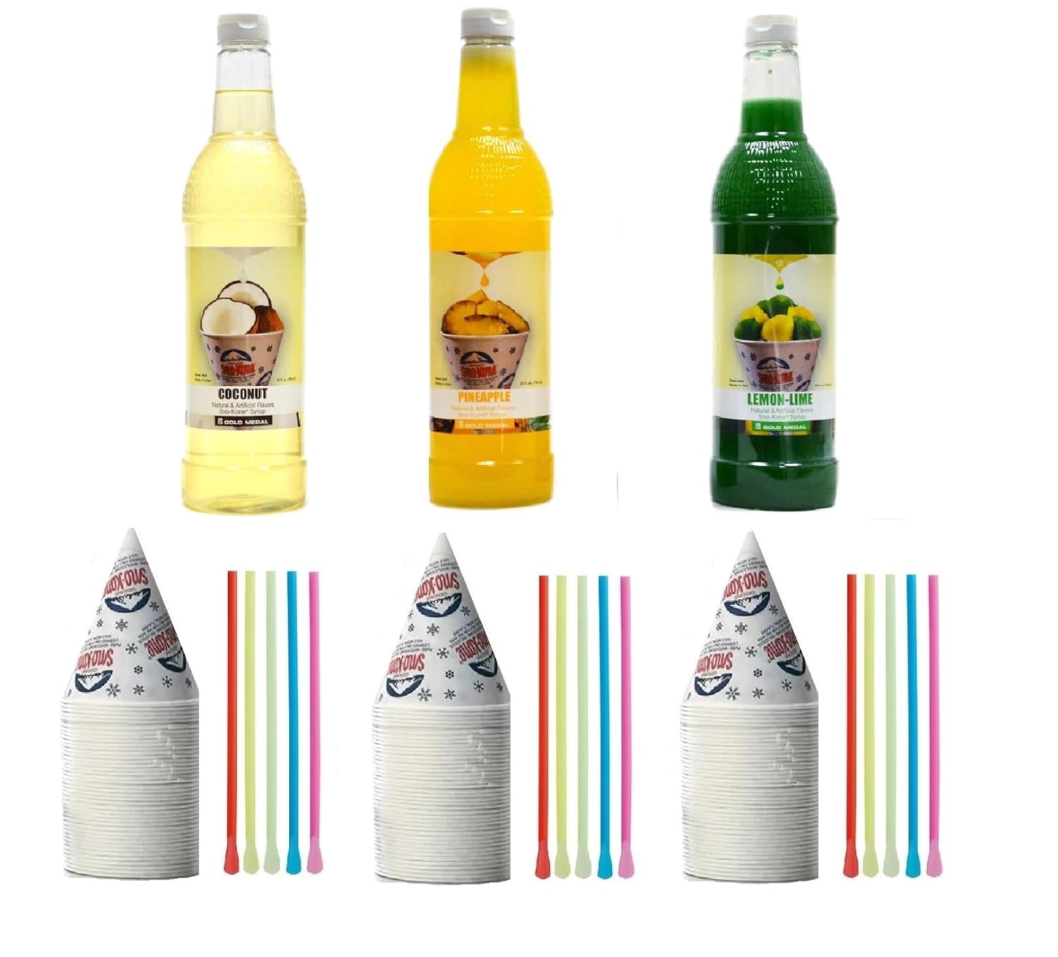 Snow Cone Kit – Bundle of 3 Flavored Syrup Bottles, Spoon Straws, Cups - Snow Cone Supplies for ...