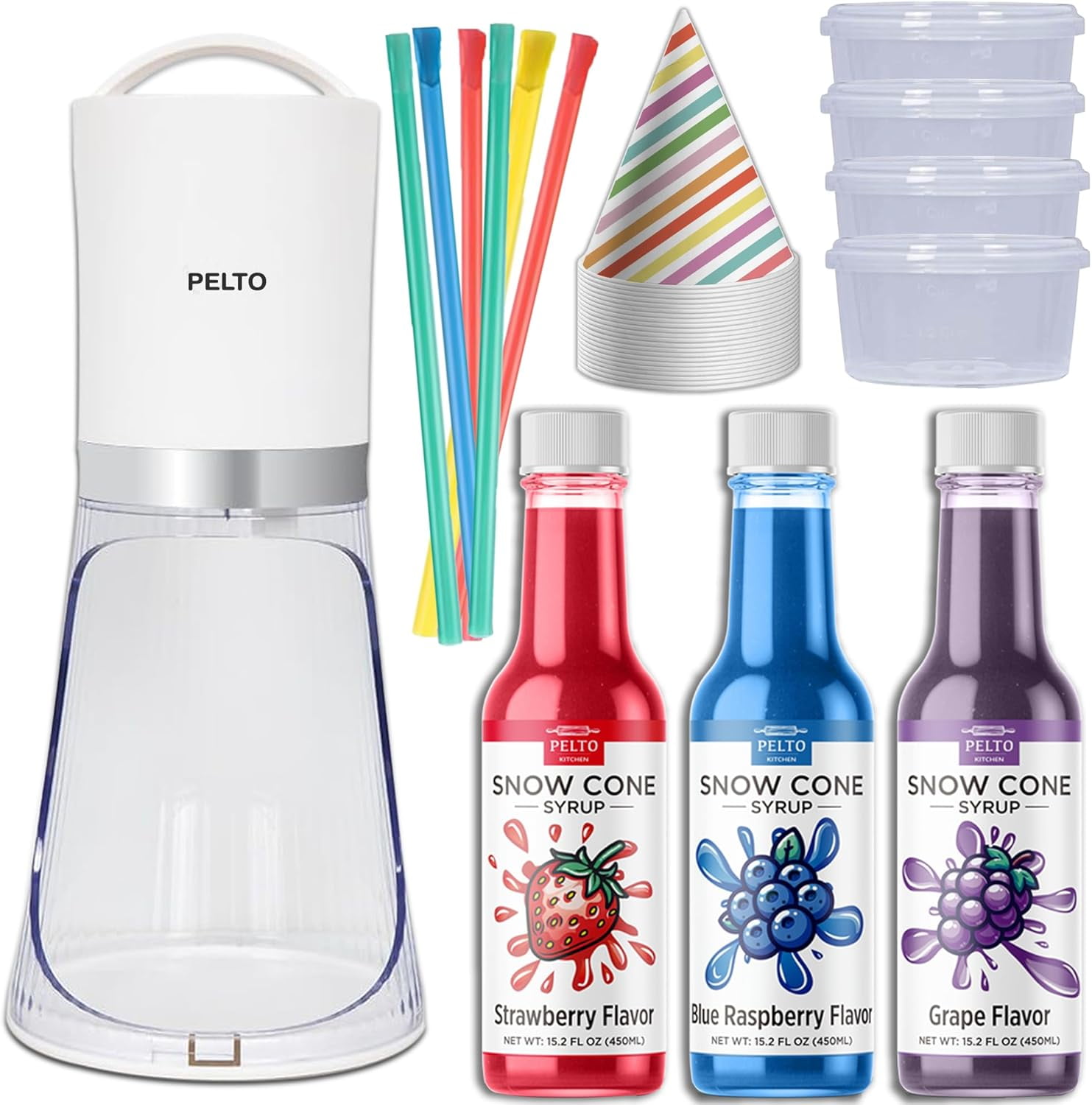 Snow Cone Machine set with 3 Flavors, 25 Cone Cups, 25 Straws, 4 Ice ...