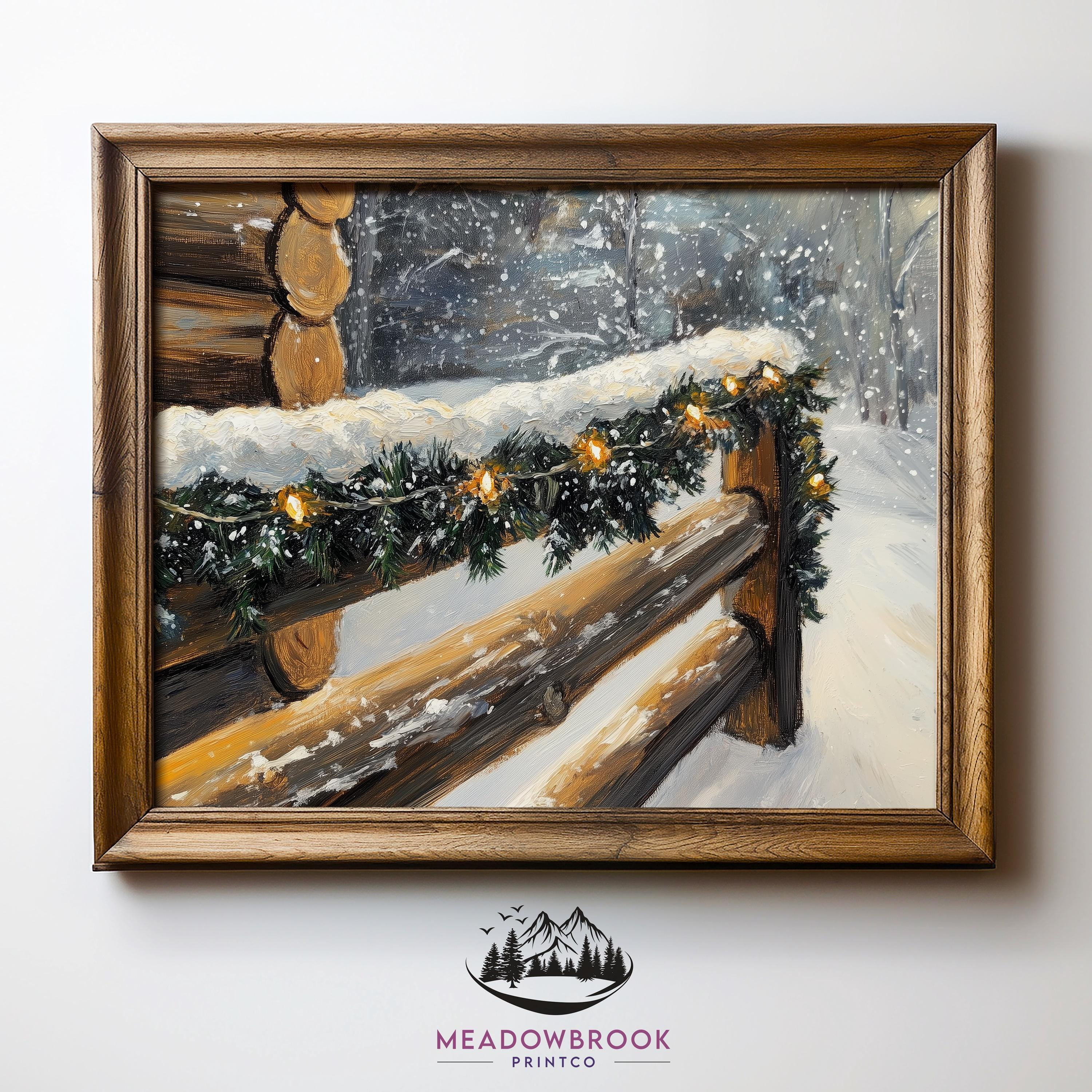 Snow-Covered Cabin Railing With Garland, Cozy Winter Wall Art, Rustic ...