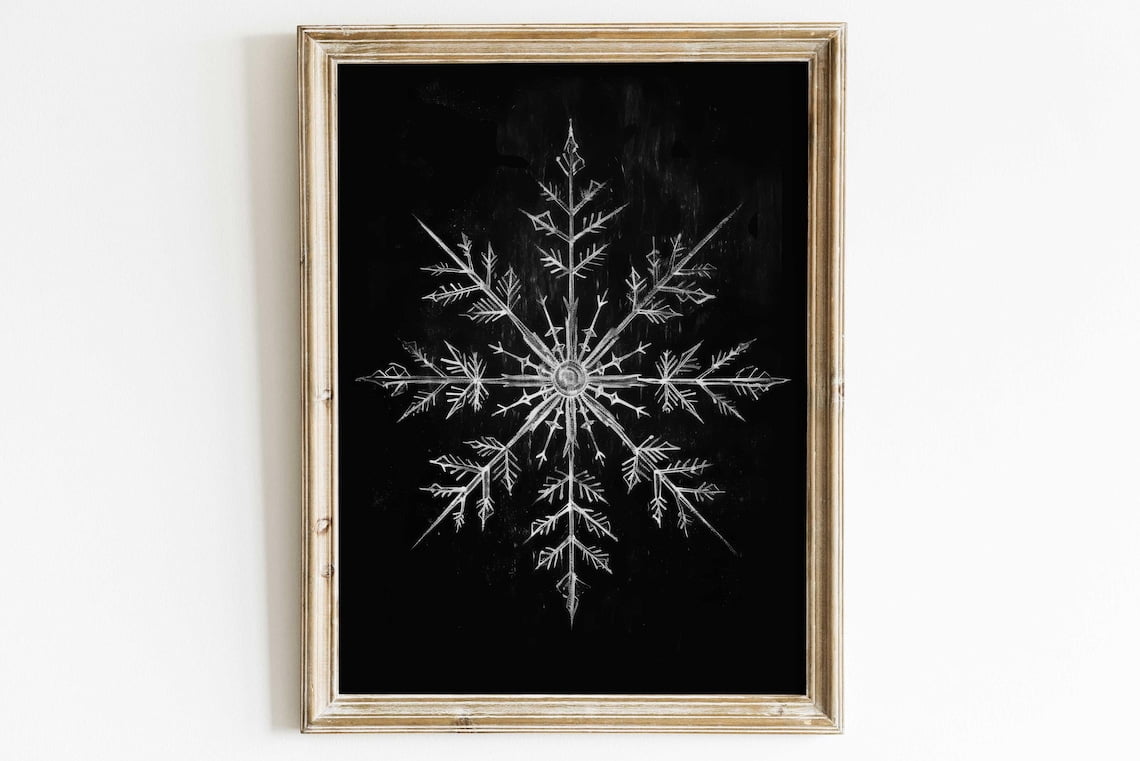 Snow Crystal Print, Black Chalkboard Art, Modern Farmhouse Winter Wall ...