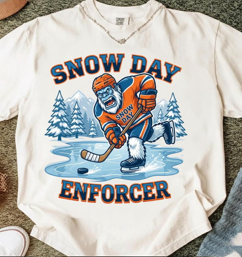 Snow Day Enforcer Hockey Player Graphic T-Shirt, Winter Ice Sports ...