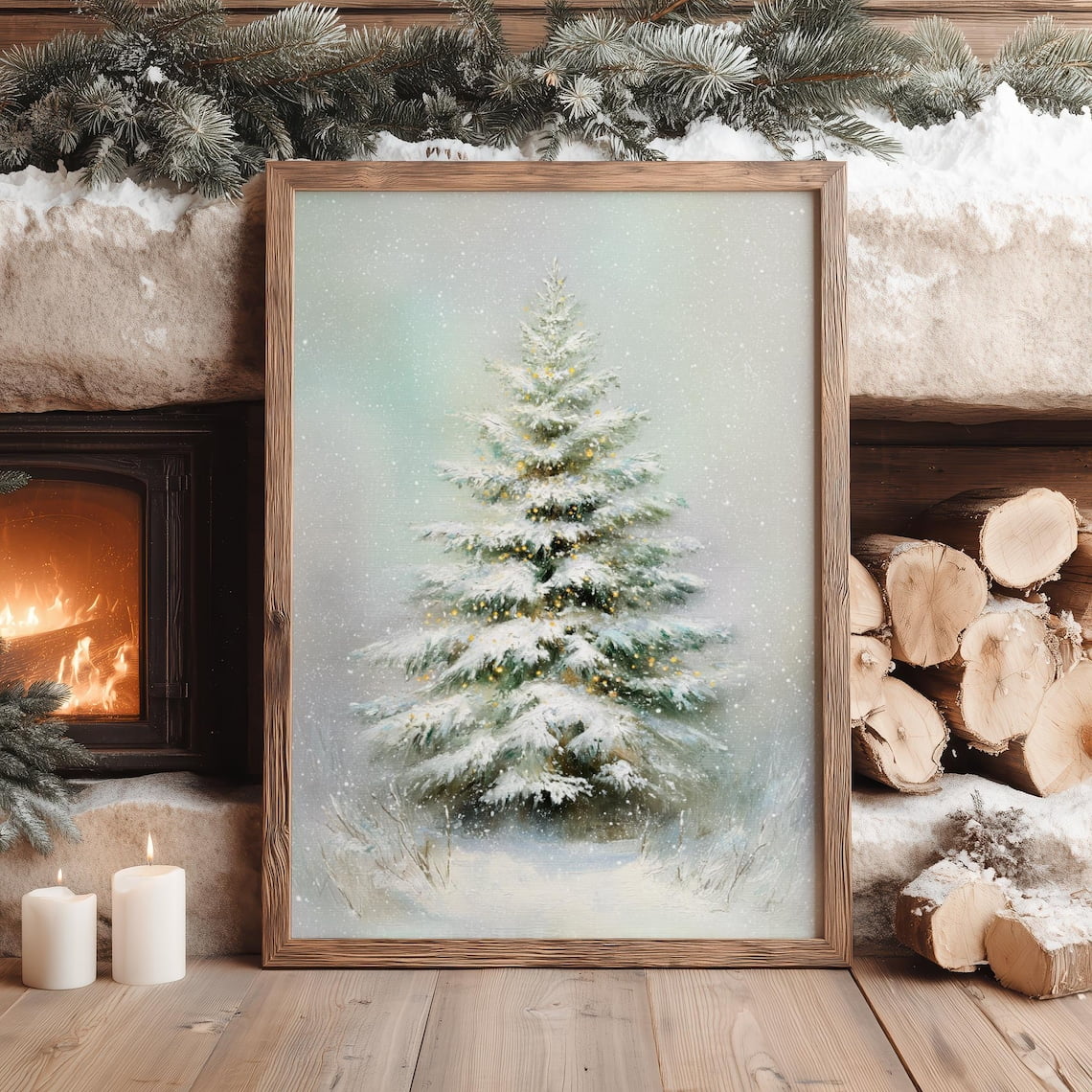 Snow-Dusted Tree Wall Art, Vintageposter, Cozy Winter Forest Poster ...
