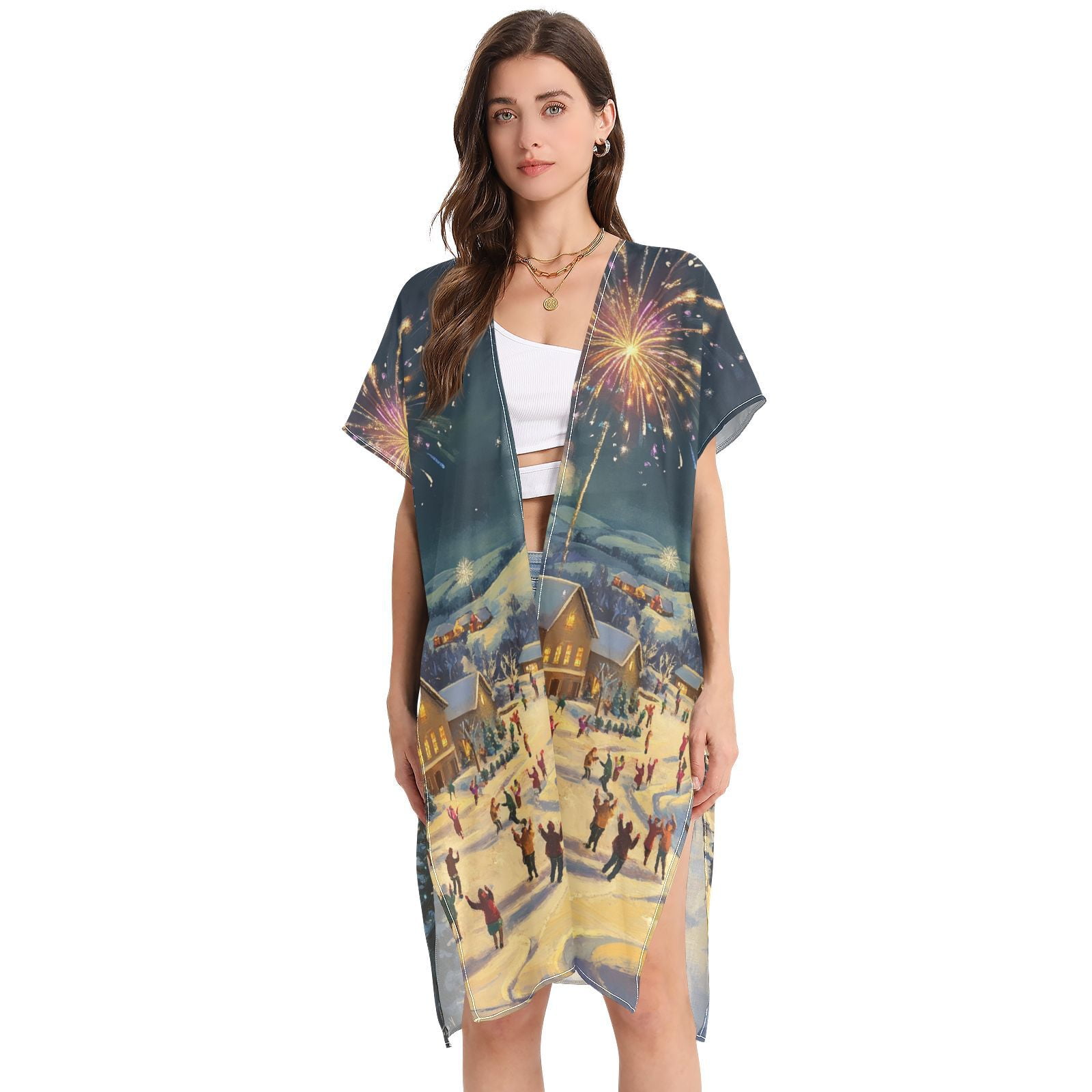 Snow Fireworks Blooming Women Swimsuit Cover up V Neck Beach Dress ...