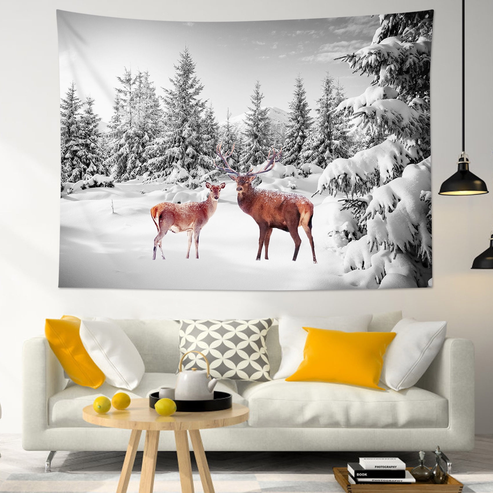 Snow Forest Tapestry Wall Hanging Cute Deer and Snow Covered Pine Tree ...