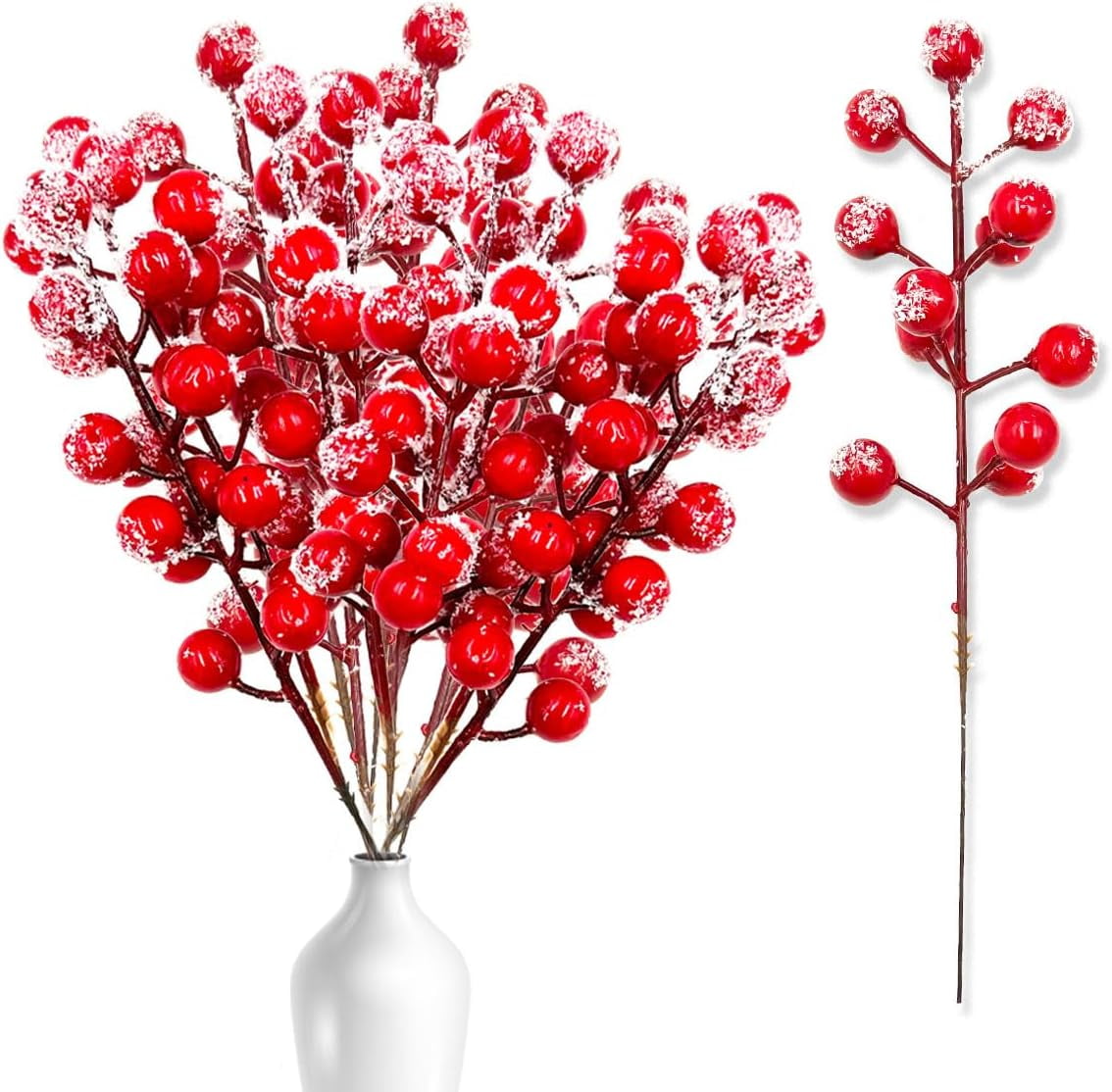 Snow Frosted Artificial Red Berry Stems, 30Pcs Snow Christmas Red Holly ...
