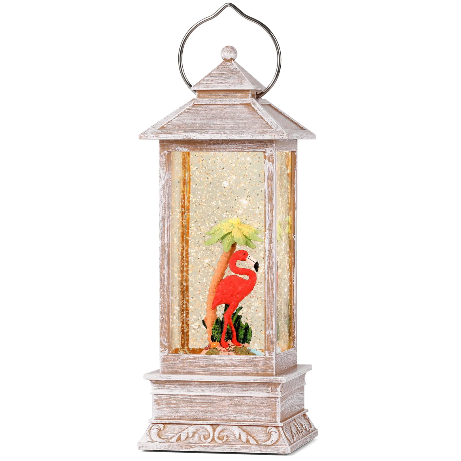 Snow Globe Lantern, Pink Flamingo Lighted Snow Globe Lantern with Timer ...