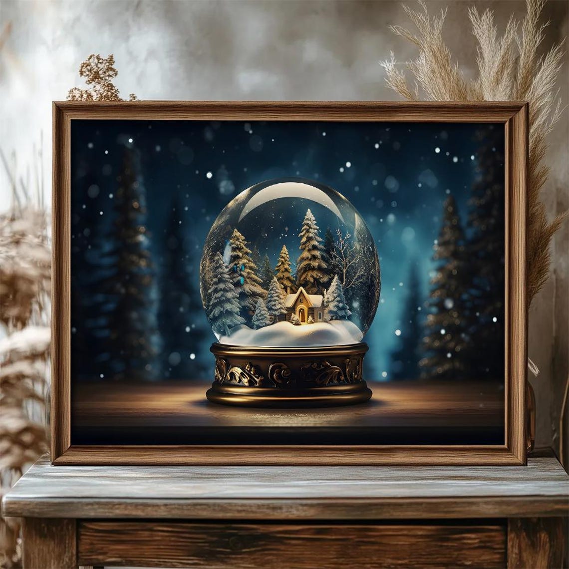 Snow Globe Winter Cabin Wall Art — Cozy Winter Holiday Night Poster ...