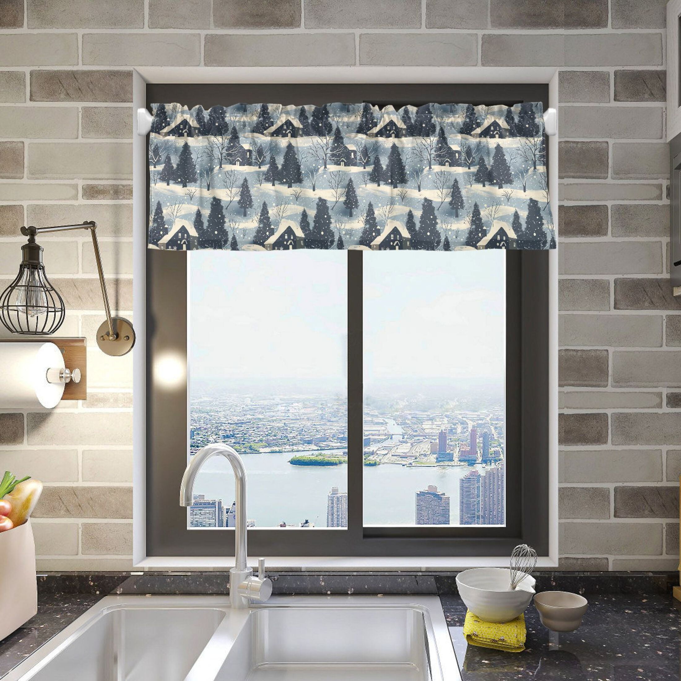 Snow House Tree Valance Curtains Rod Pocket for Kitchen Living Room ...