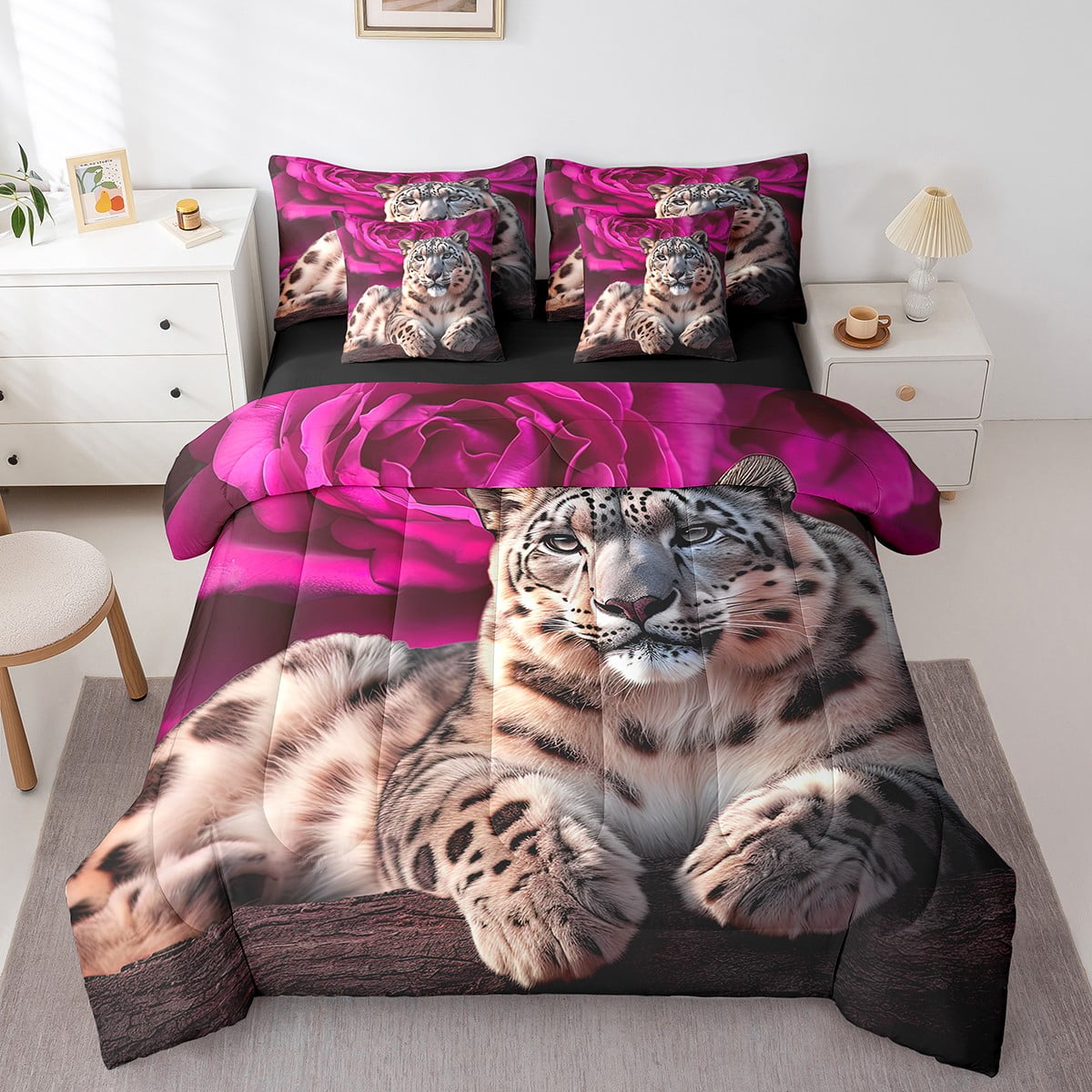 Snow Leopard Bed in a Bag Twin 7 Pieces,Magenta Rose Flower Comforter ...