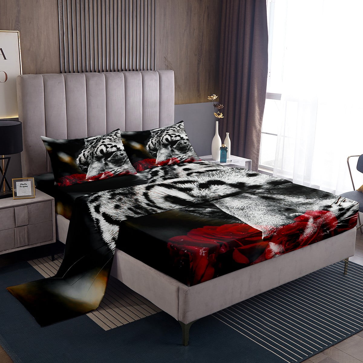 Snow Leopard Bed Sheets Set Cheetah Rose Sheets Full Size, Black White ...