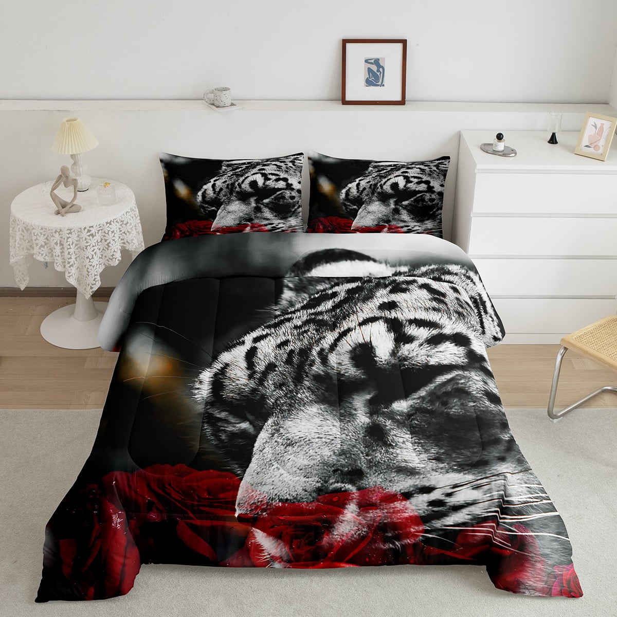 Snow Leopard Bedding Comforter Sets Cheetah Rose Bedding Full Size ...
