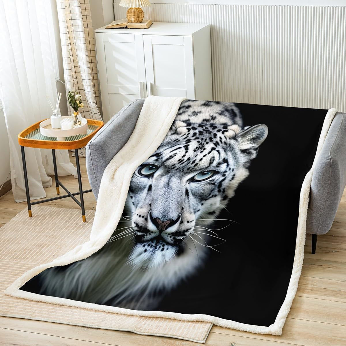 Snow Leopard Blanket Throw Big Cat Wild Animal Sherpa Blanket Sofa Bed Living Room,Black and ...