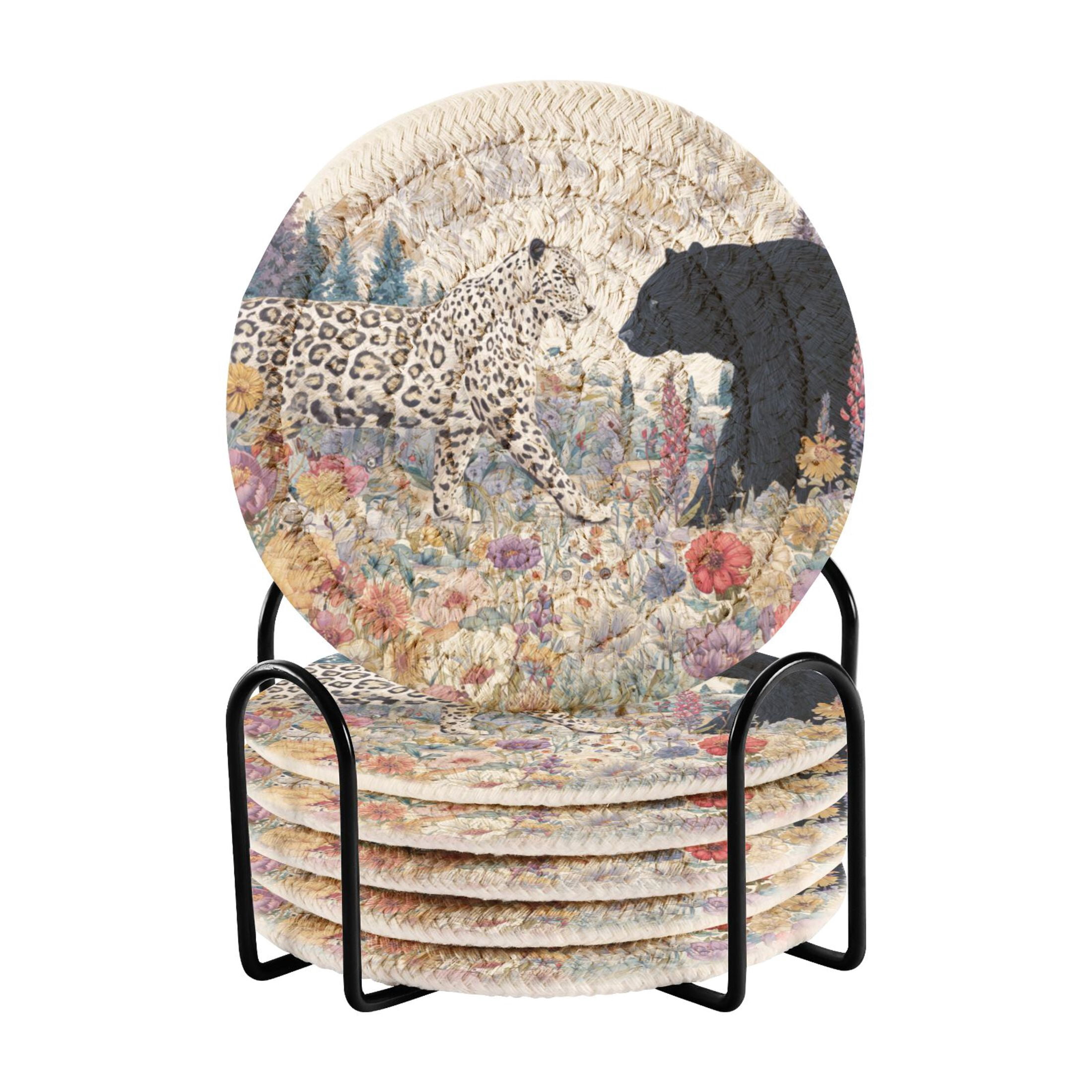 Snow Leopard Confront with Black Bear Drinking Coasters Cup Mat with ...