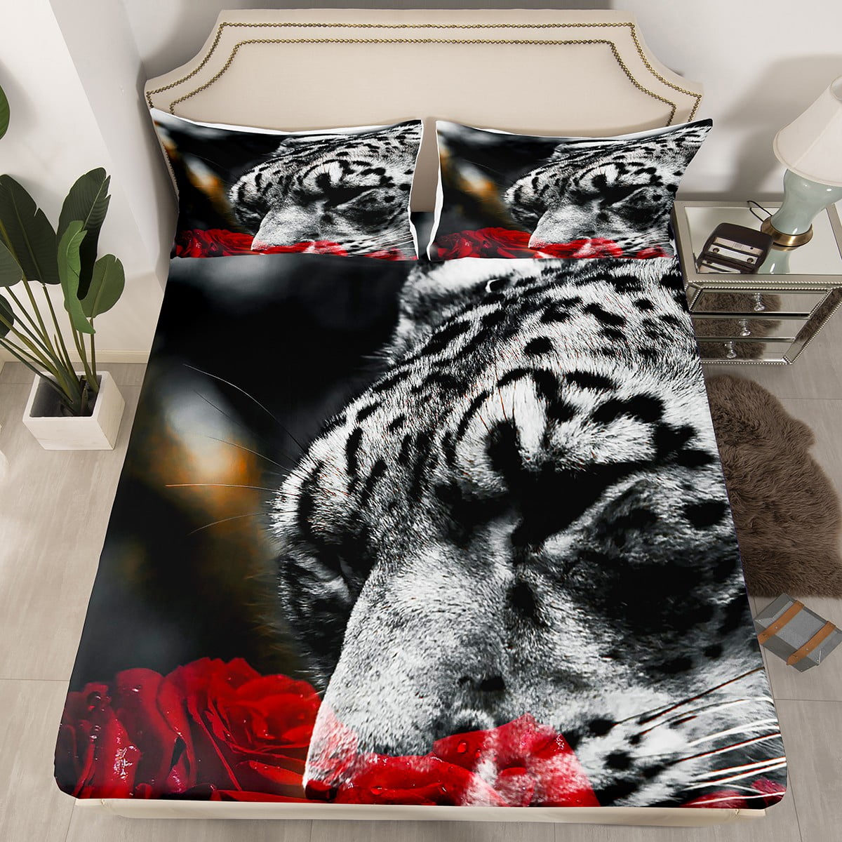 Snow Leopard Fitted Sheet Cheetah Rose Bed Set Full Size Black White