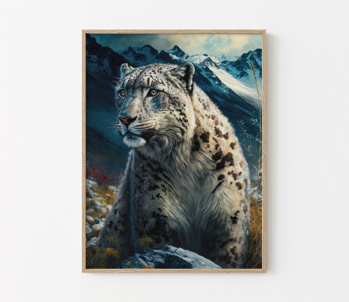 Snow Leopard Oil Painting Print, Snow Mountains Snow Leopard Artwork ...