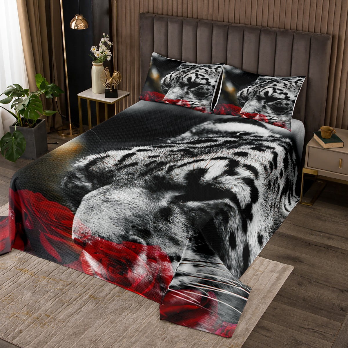 Snow Leopard Quilt Set Cheetah Rose Bedspread Set Queen Size, Black ...