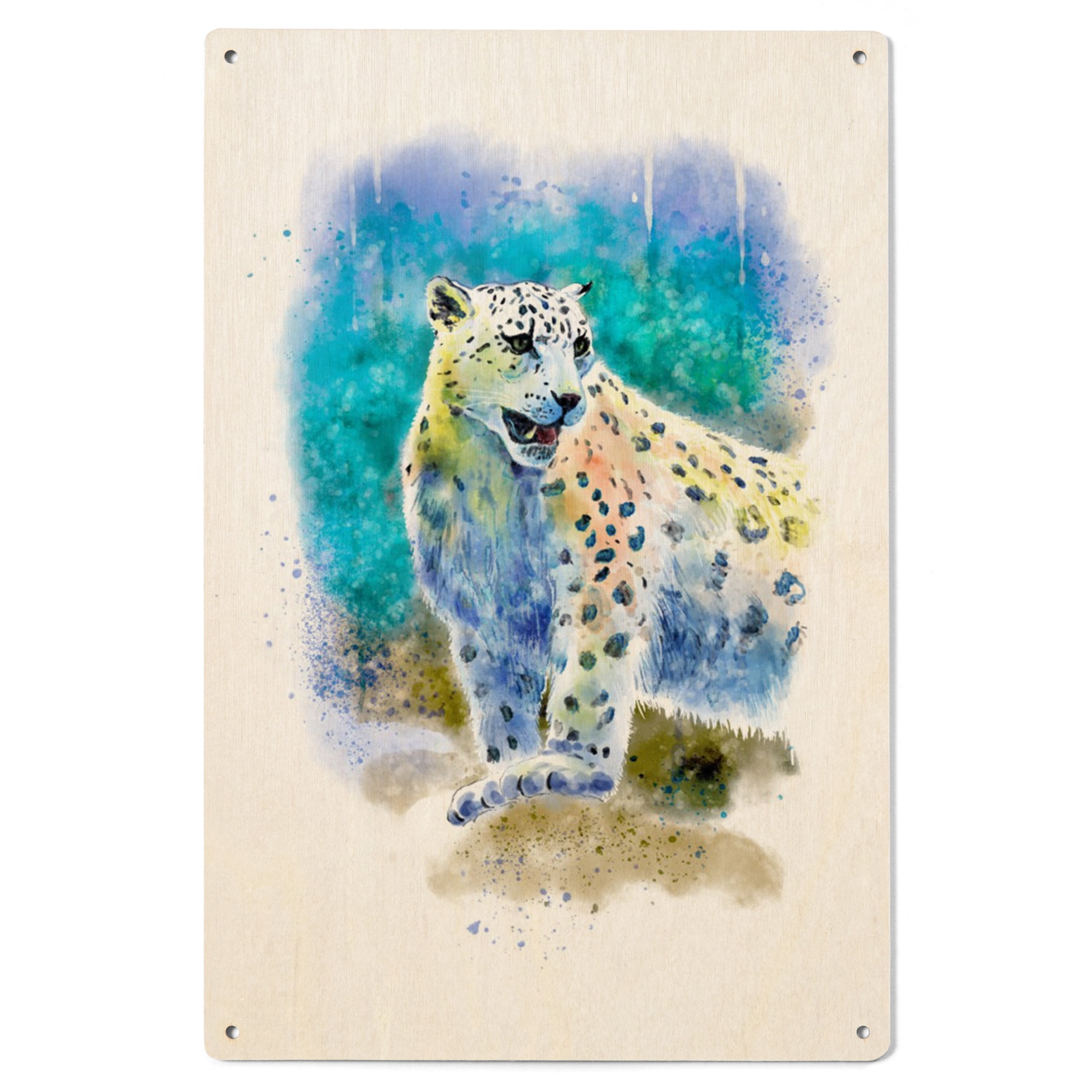 Snow Leopard, Watercolor, Blue Background Birch Wood Wall Sign (6x9 ...
